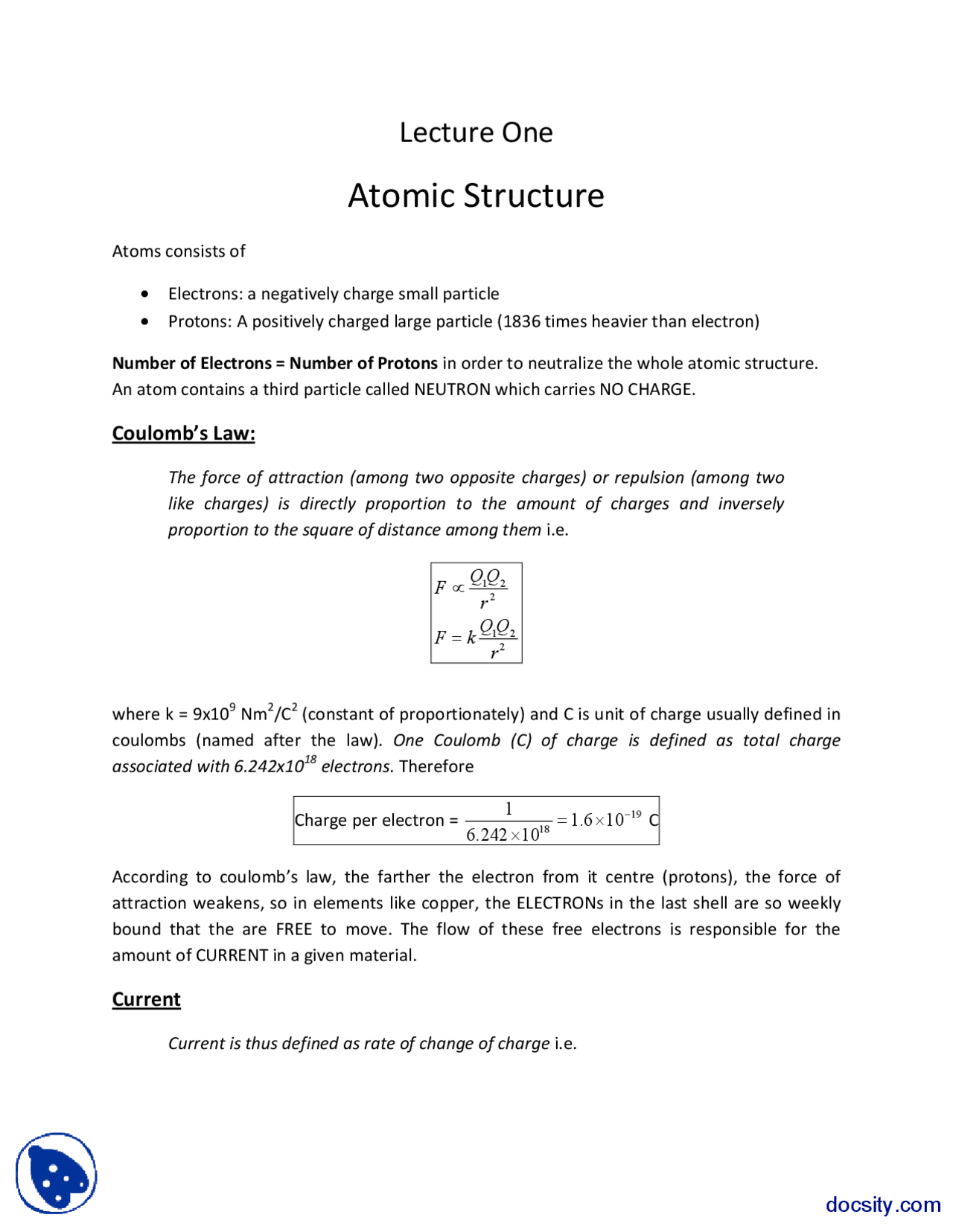 Atomic Structure Fundementals Of Electronics Lecture Slides Docsity