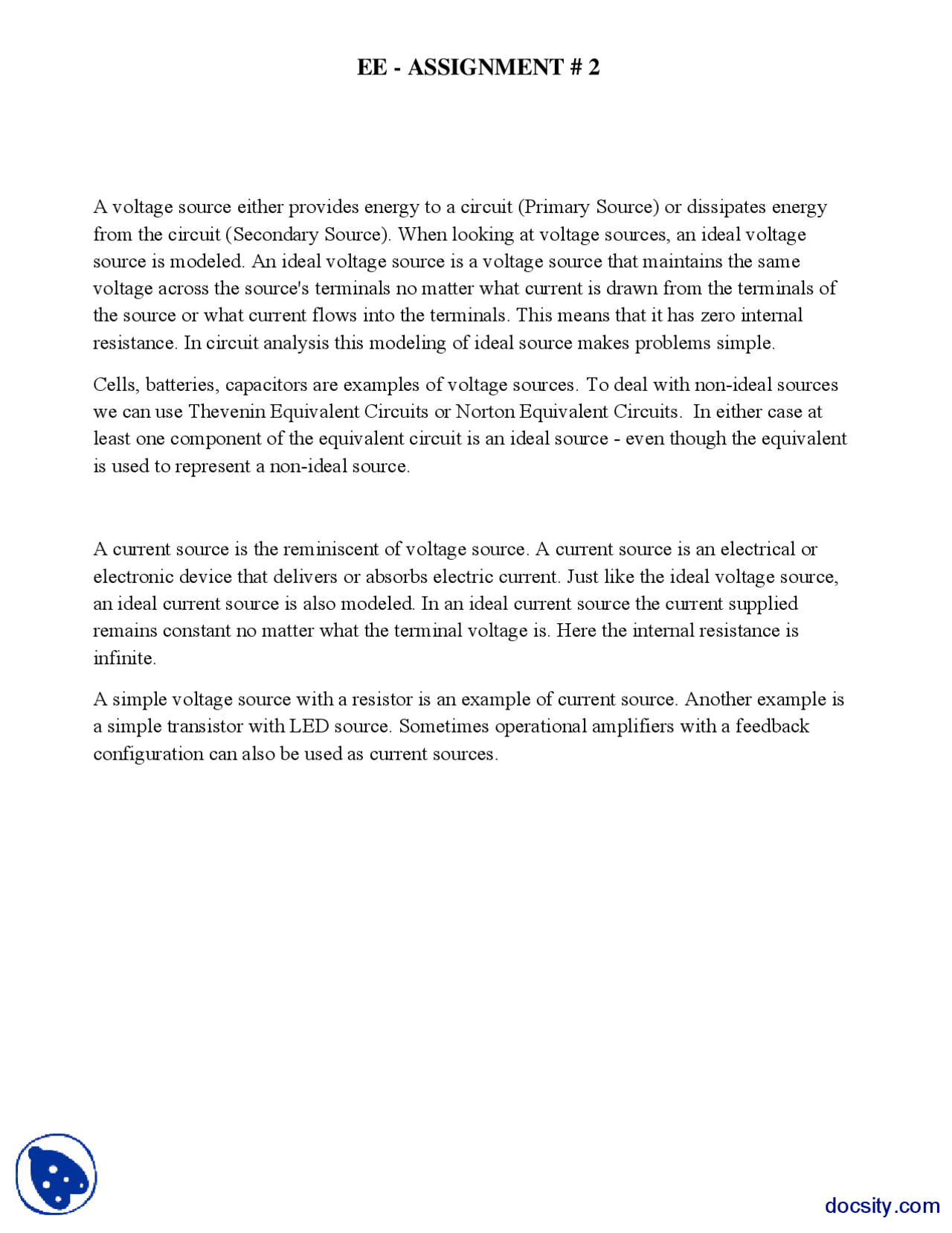 Voltage Sorces-Basic Electronics-Assignment - Docsity