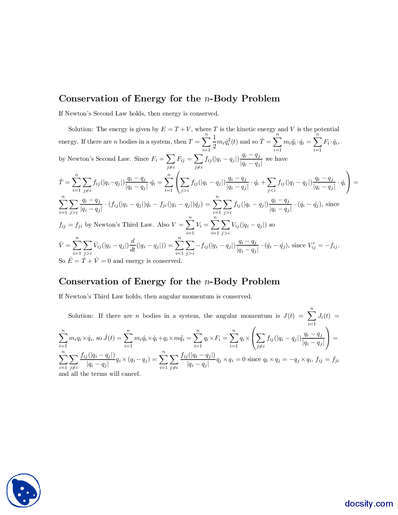 Conservation Of Energy For The N Body Problem Docsity