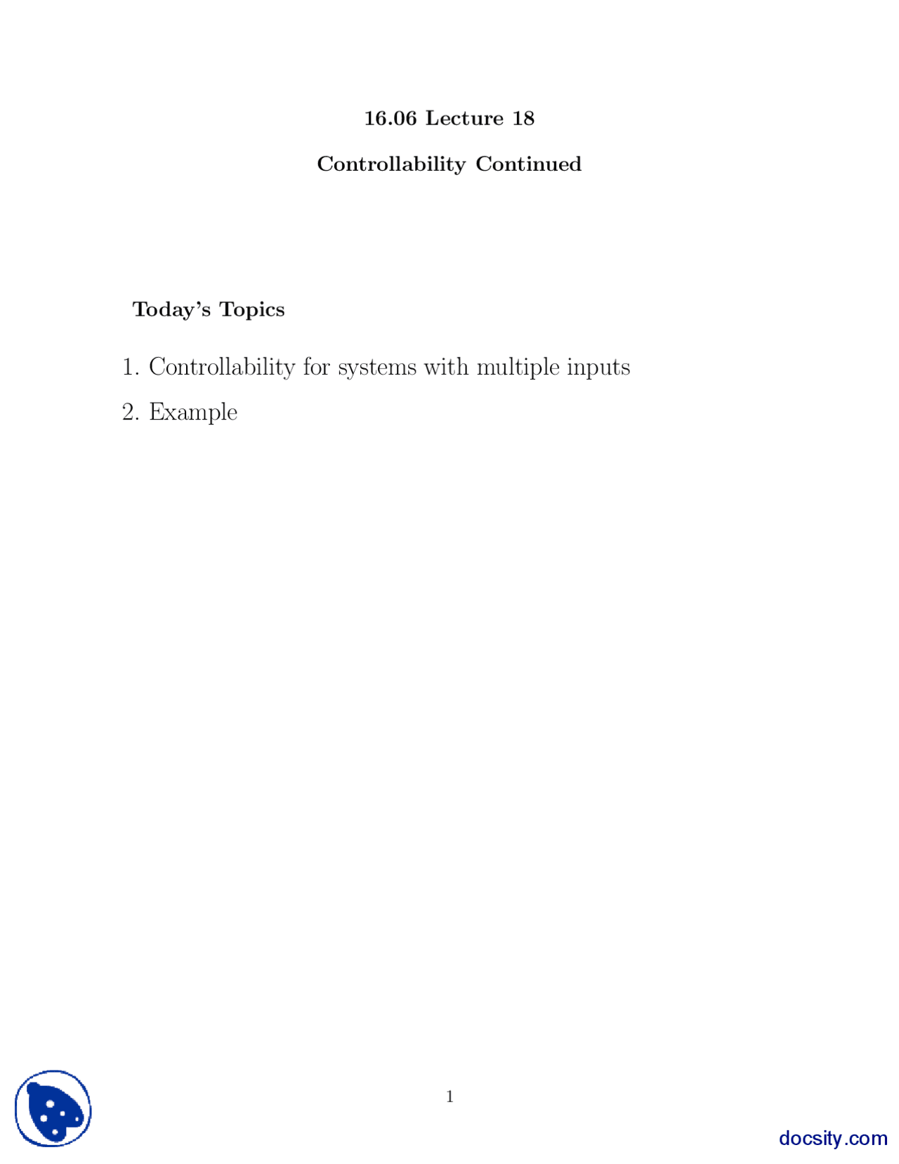 Controllability For Systems With Multiple Inputs Control System Theory