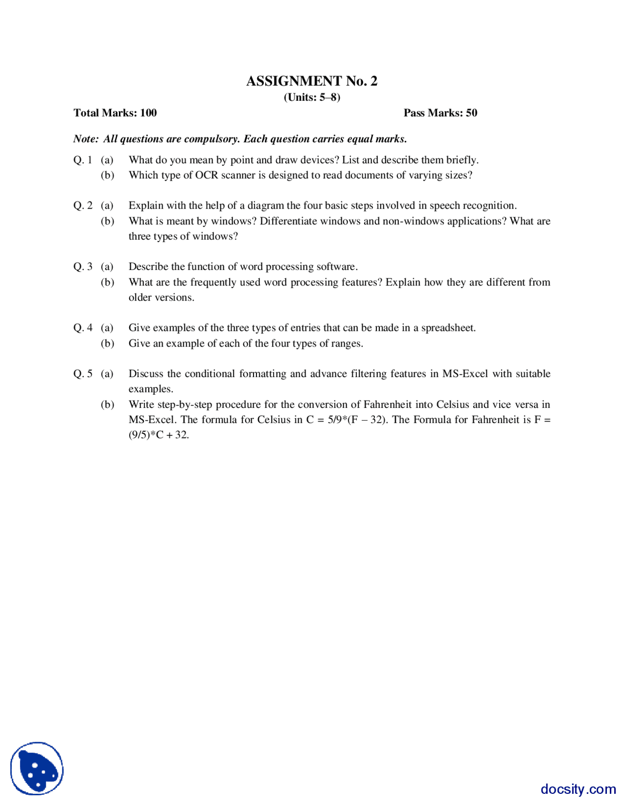 Word Processing Microsoft Office Fundamentals Of Computers Assignment Exercises Computer