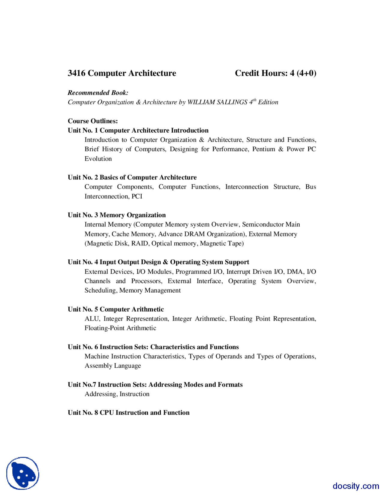 Course Outline Computer Architecture Handout Exercises Computer Architecture And Organization