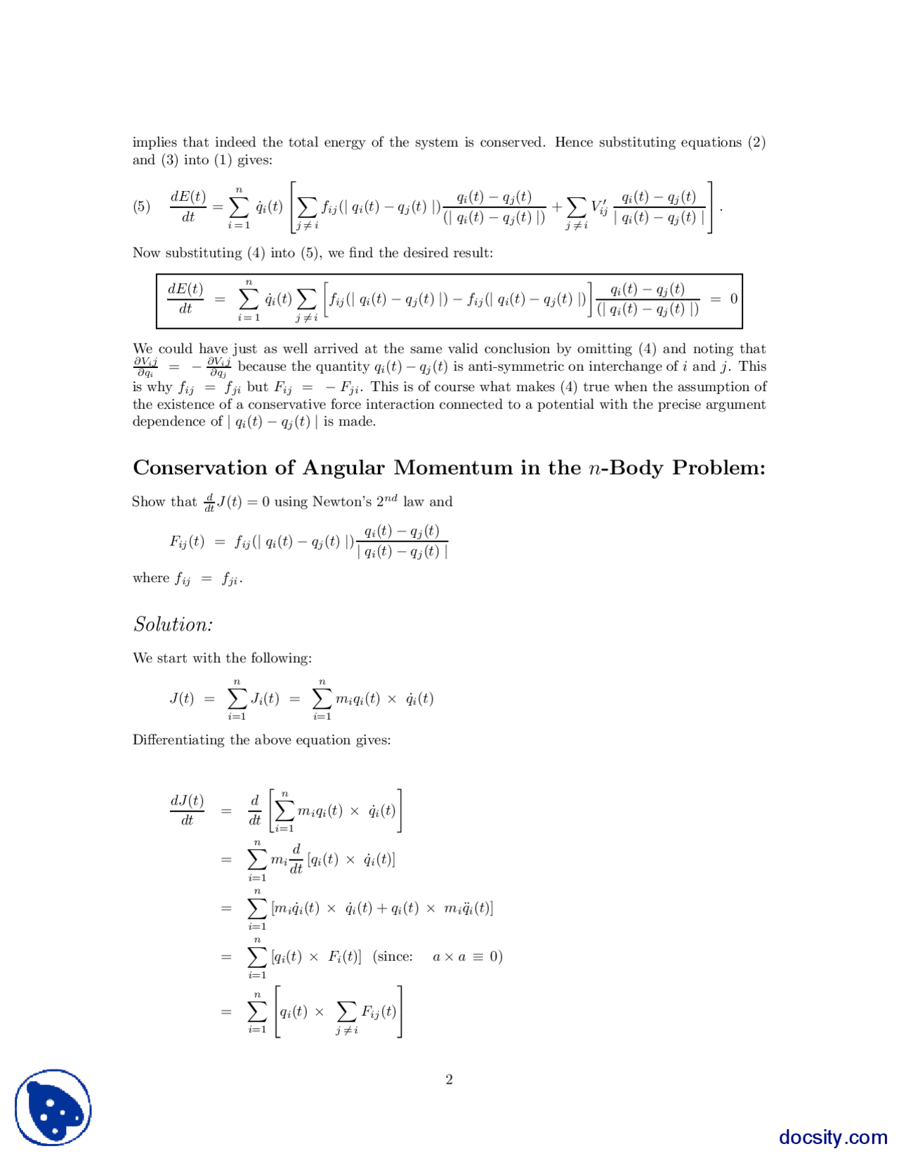 Conservation Of Angular Momentum In The N Body Problem Docsity