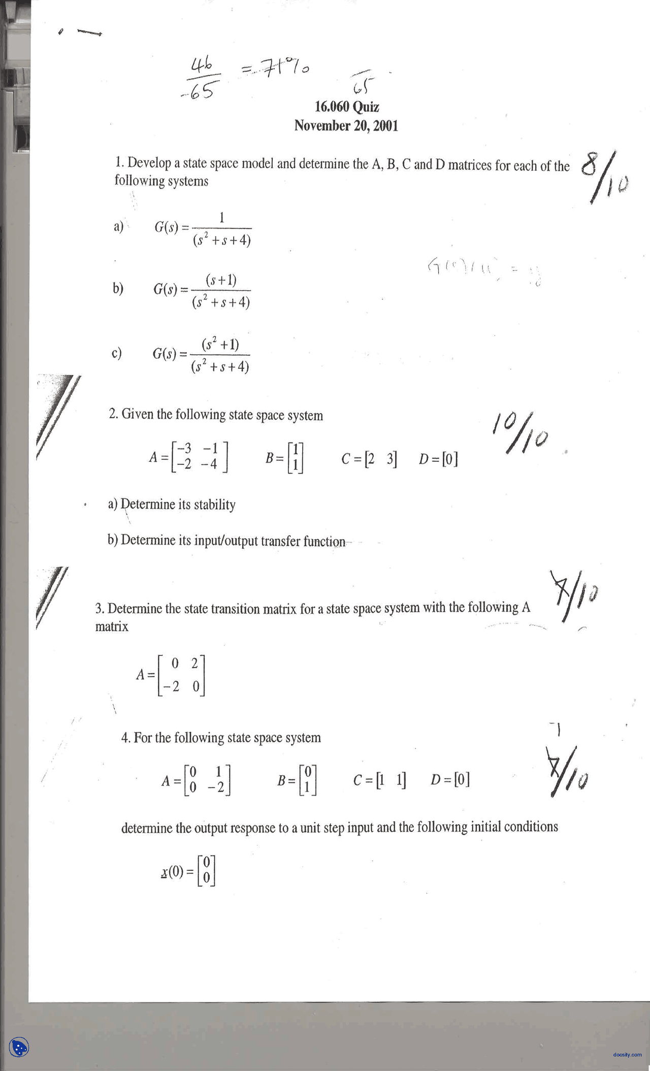State Space Model And Matrices Principles Of Automation Control Quiz