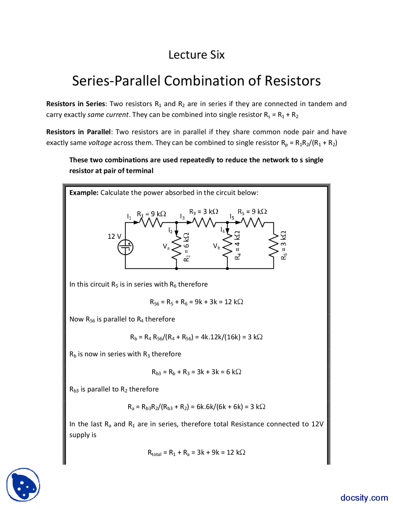 Series-Parallel Combination of Resistors-Fundementals of Electronics-Lecture Slides - Docsity