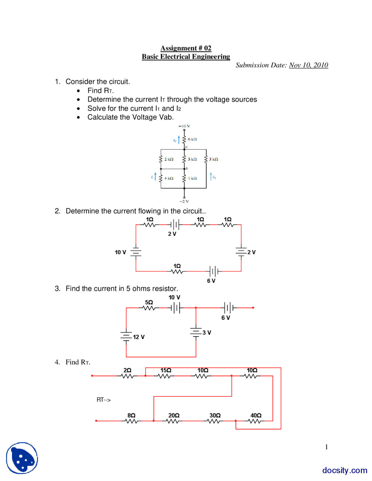 Resistance Problems Basic Electronics Assignment Docsity