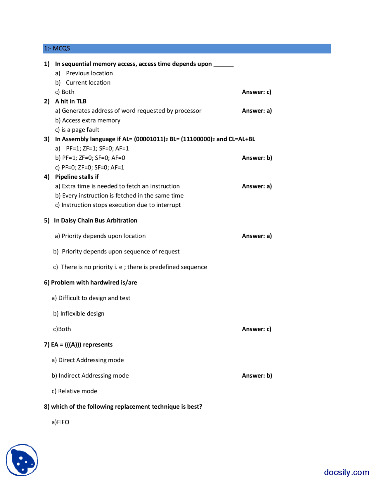 Basic Concepts Computer Archtecture Quiz Docsity