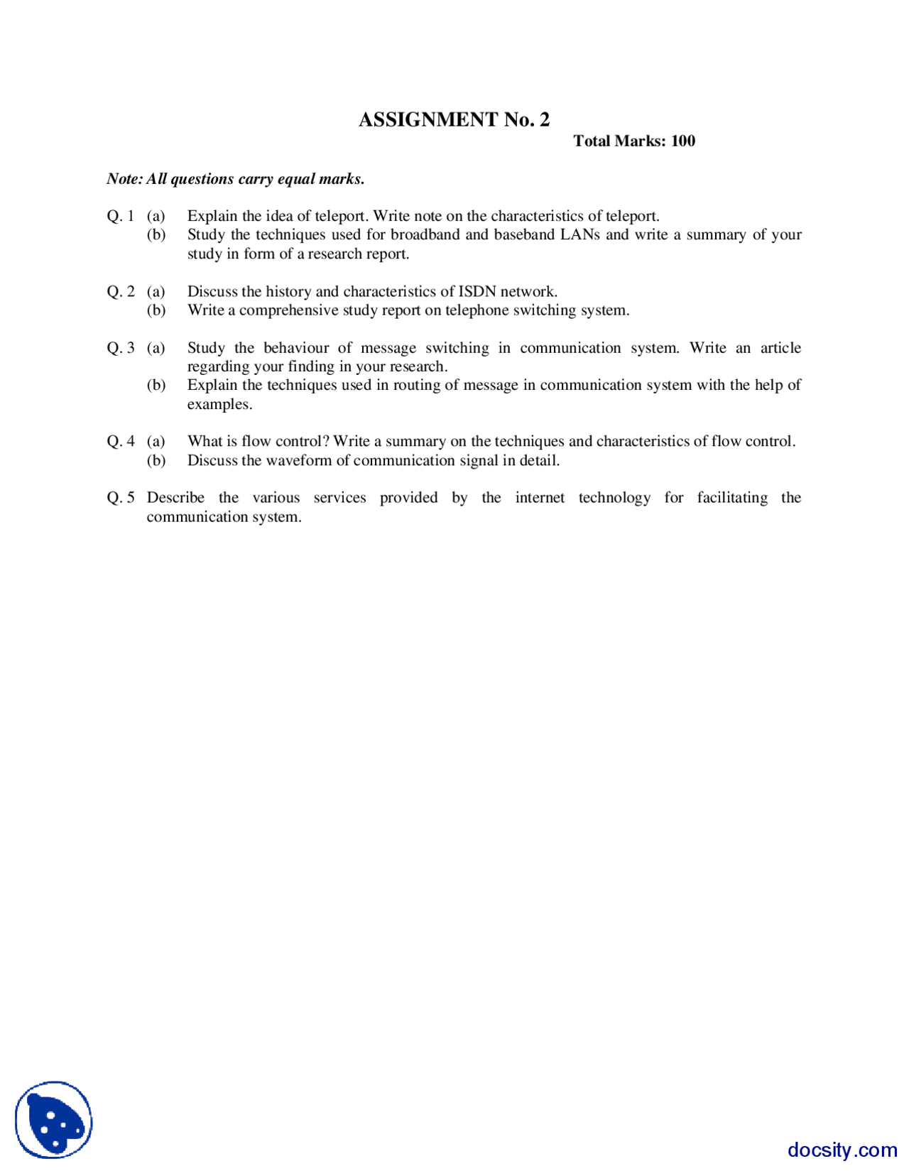 Message Switching In Communication System Networking Design Assignment Docsity