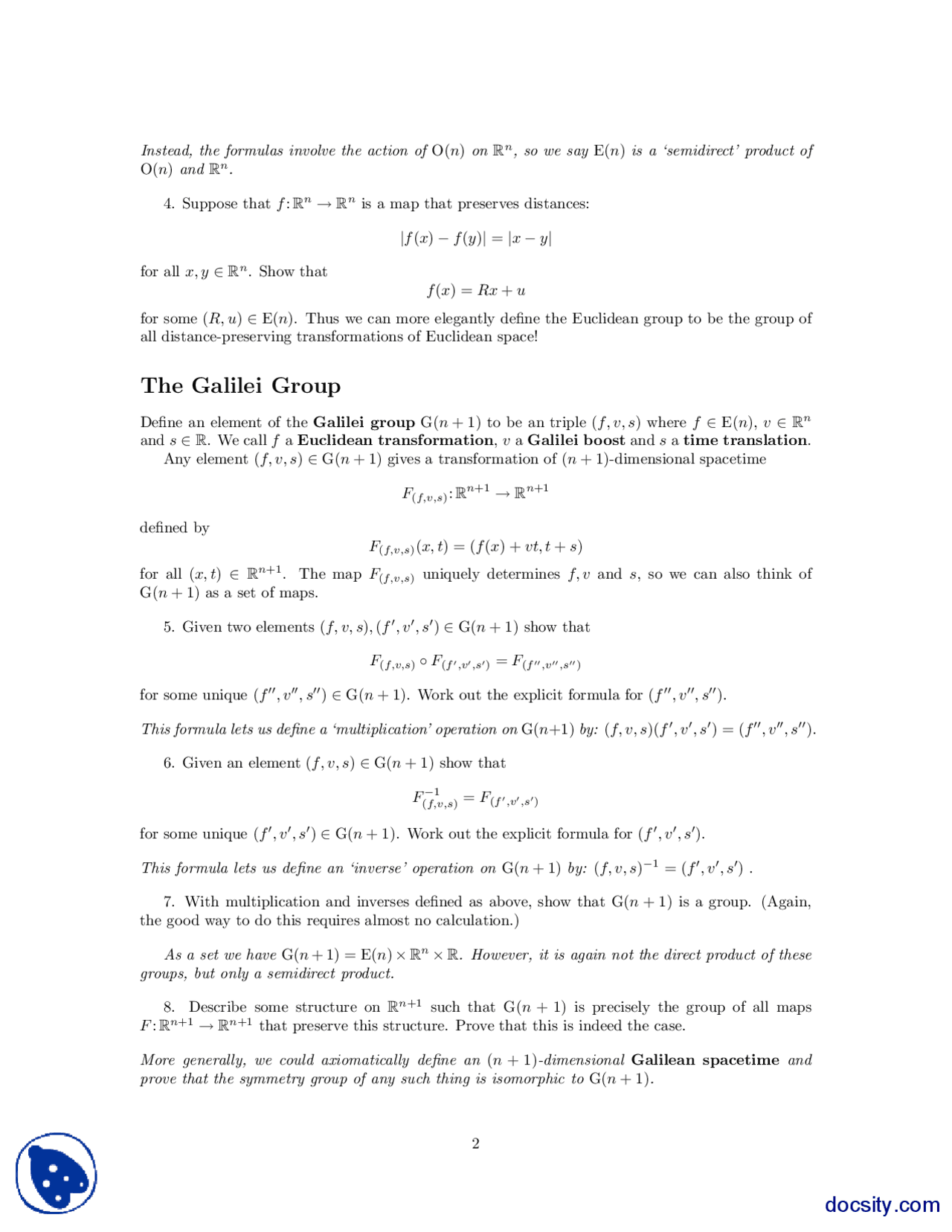 The Euclidean Group Part 1-Advanced Classical and Relativistic Mechanics-Lecture Handout - Docsity