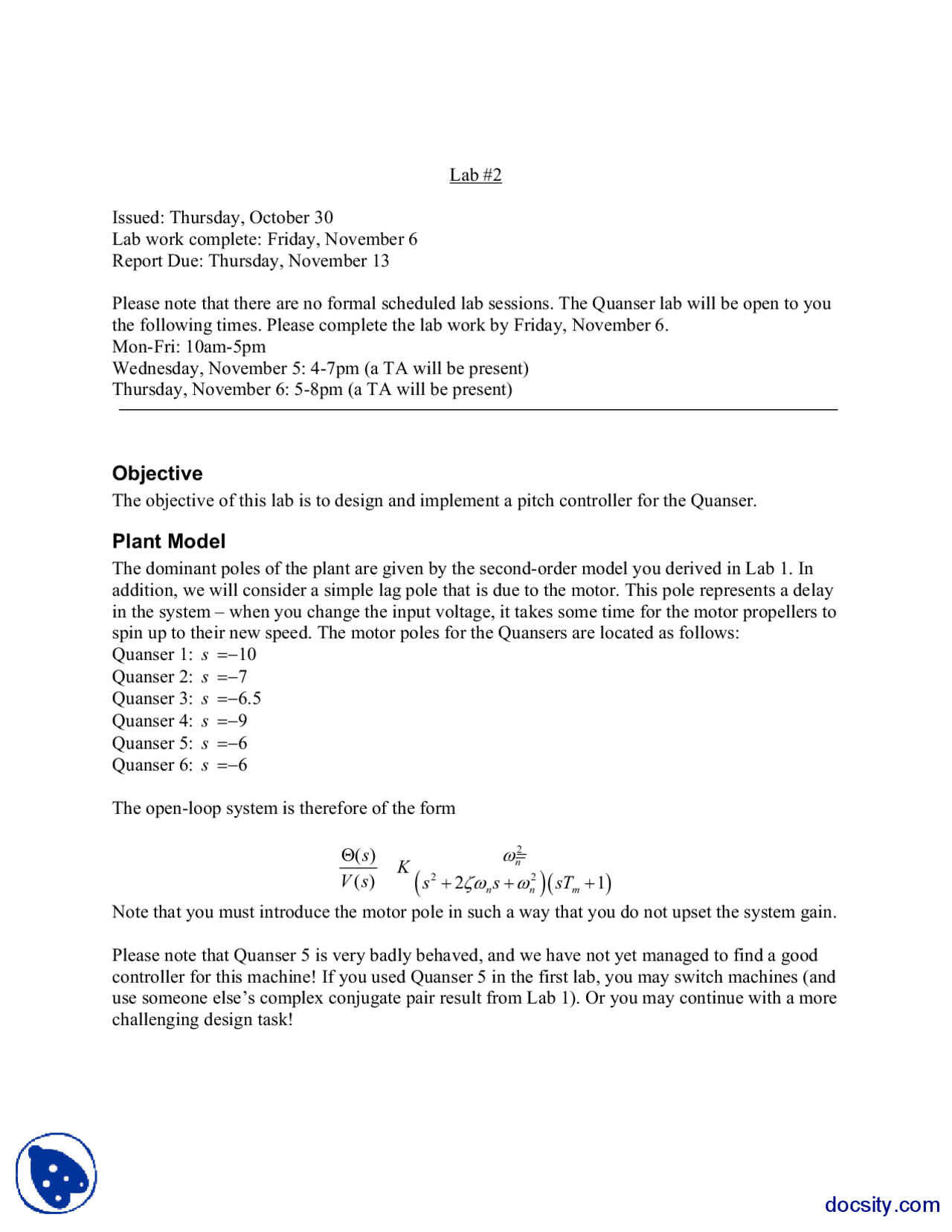 Design And Implement A Pitch Controller For The Quanser Principles Of