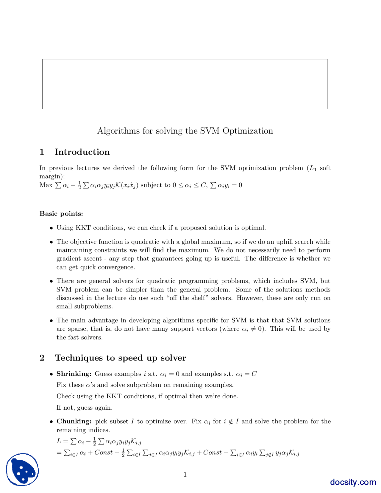 SVM Optimization-Machine Learning-Lecture Handout - Docsity