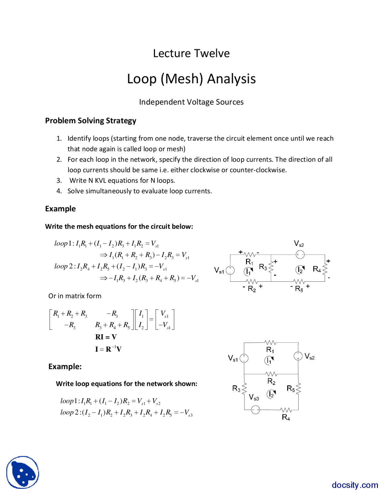 Loop Mesh Analysis Part 1 Basic Electronics Lecture Slides Docsity