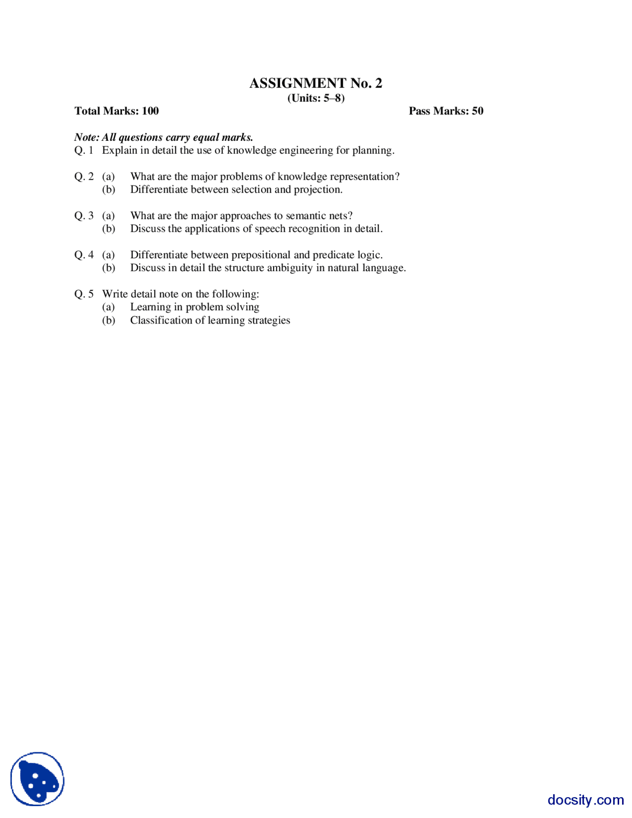 Semantic Nets Prepositional And Predicate Logic Artificial Intelligence Assignment Docsity