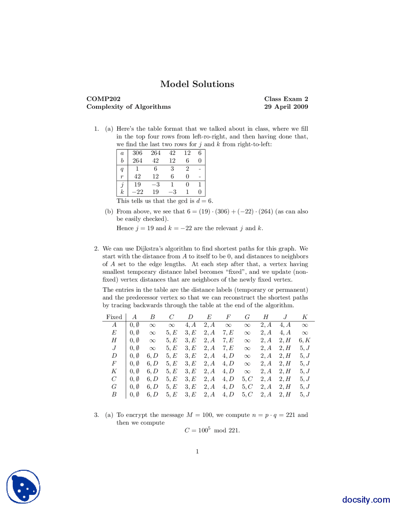 Extended Euclidean Algorithm Shortest Paths Algorithm Design And Data Representation Exam Paper