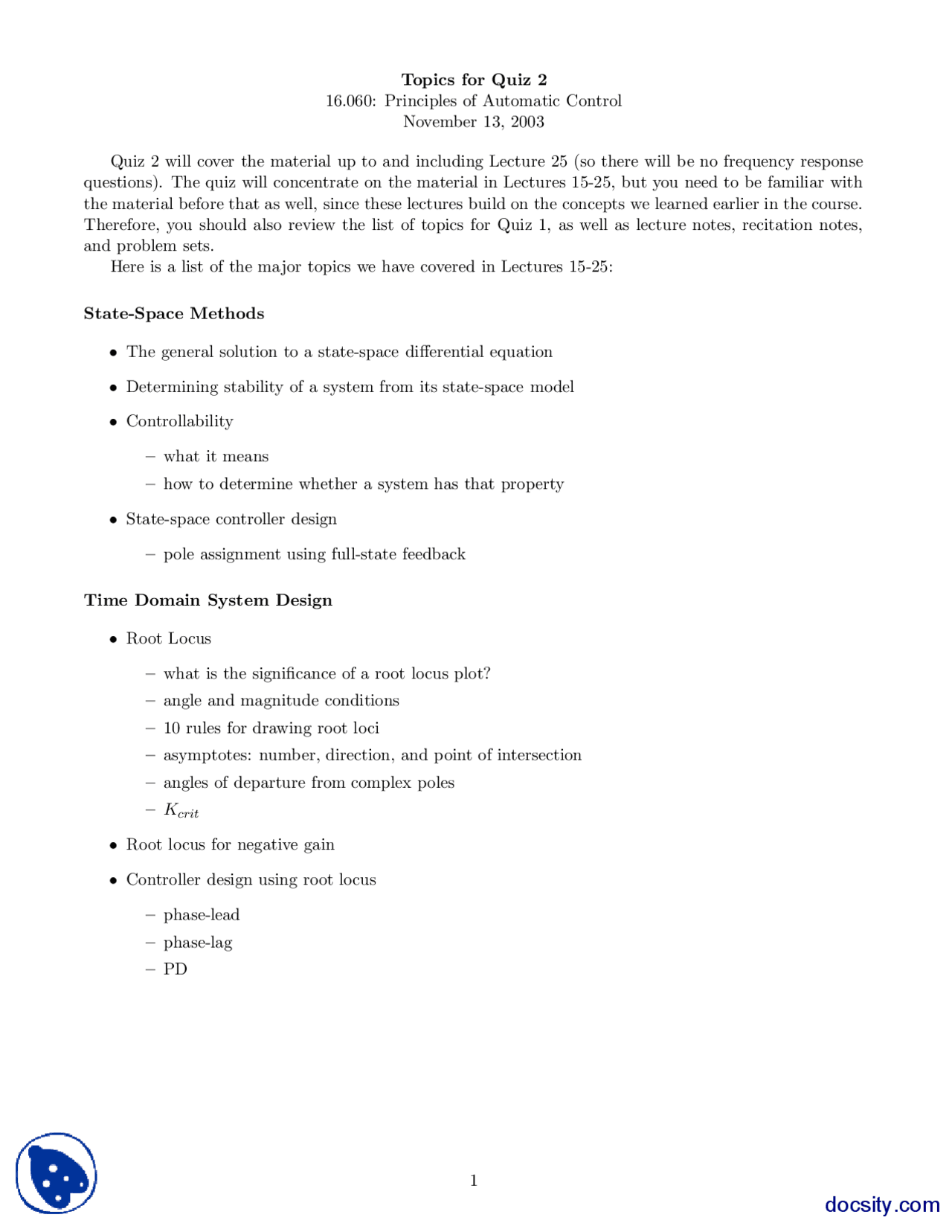 State Space Methods Principles Of Automation Control Quiz Docsity