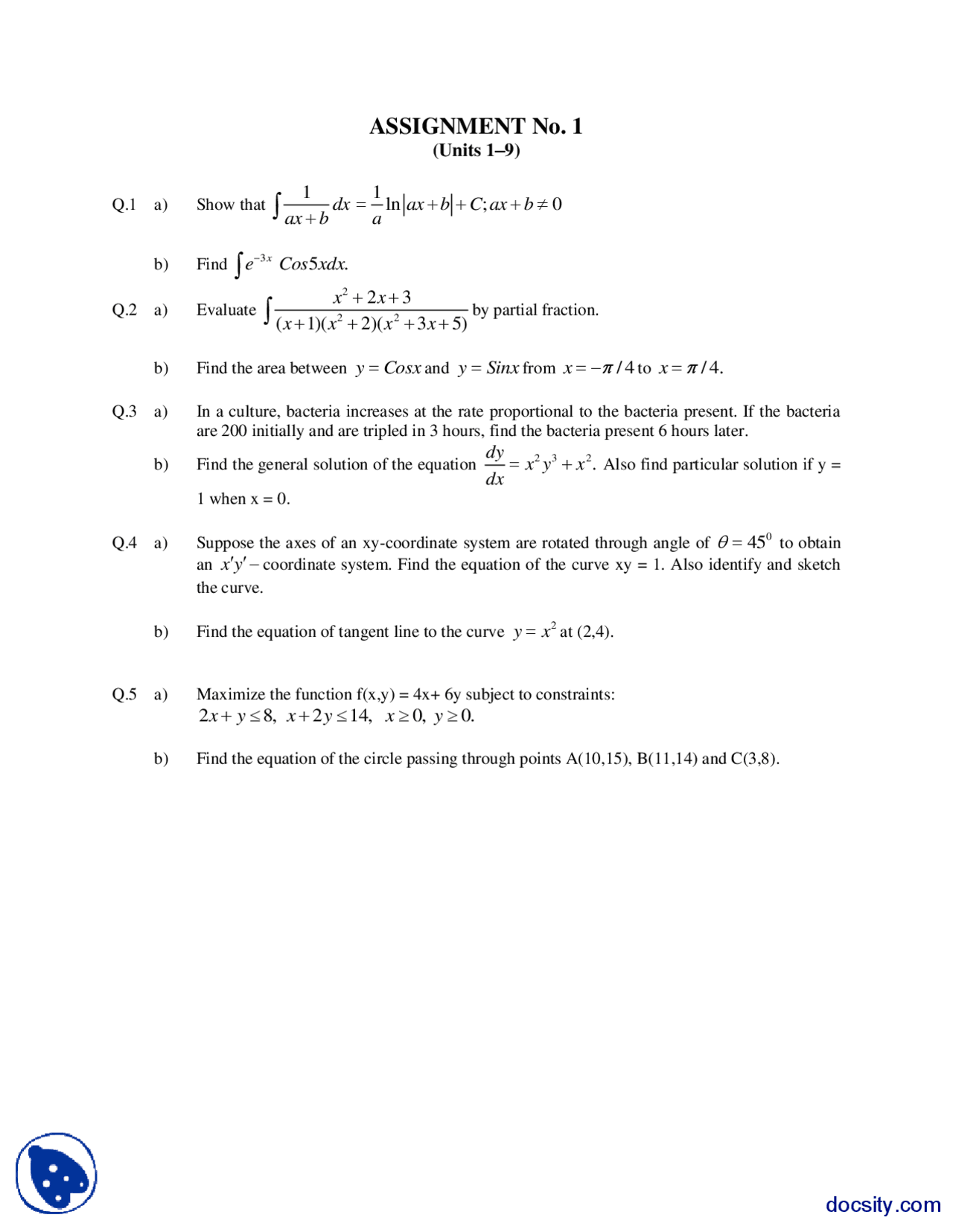 Integration Mathematics And Statistics Assignment Docsity