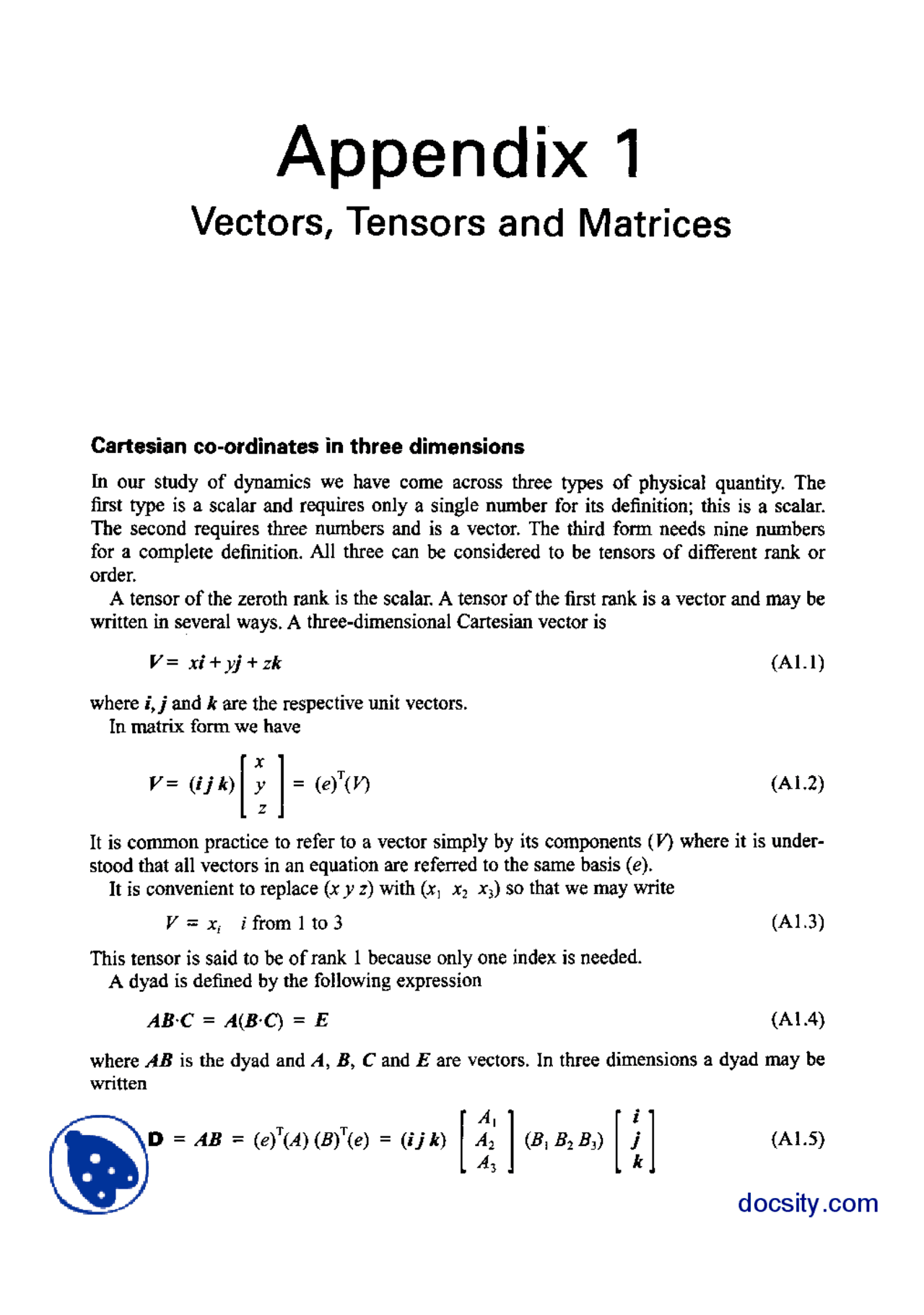 Vectors Tensors And Matrices Advanced Engineering Dynamics Lecture Handout Docsity