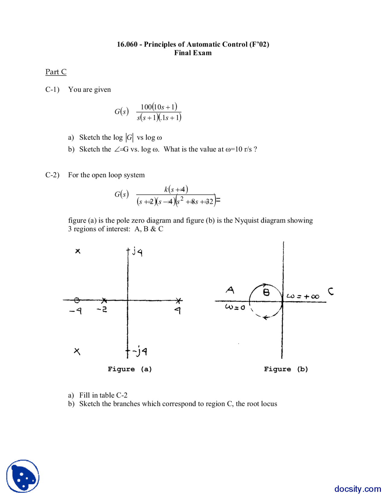 Pole Zero Diagram And Plots Principles Of Automation Control Quiz Docsity