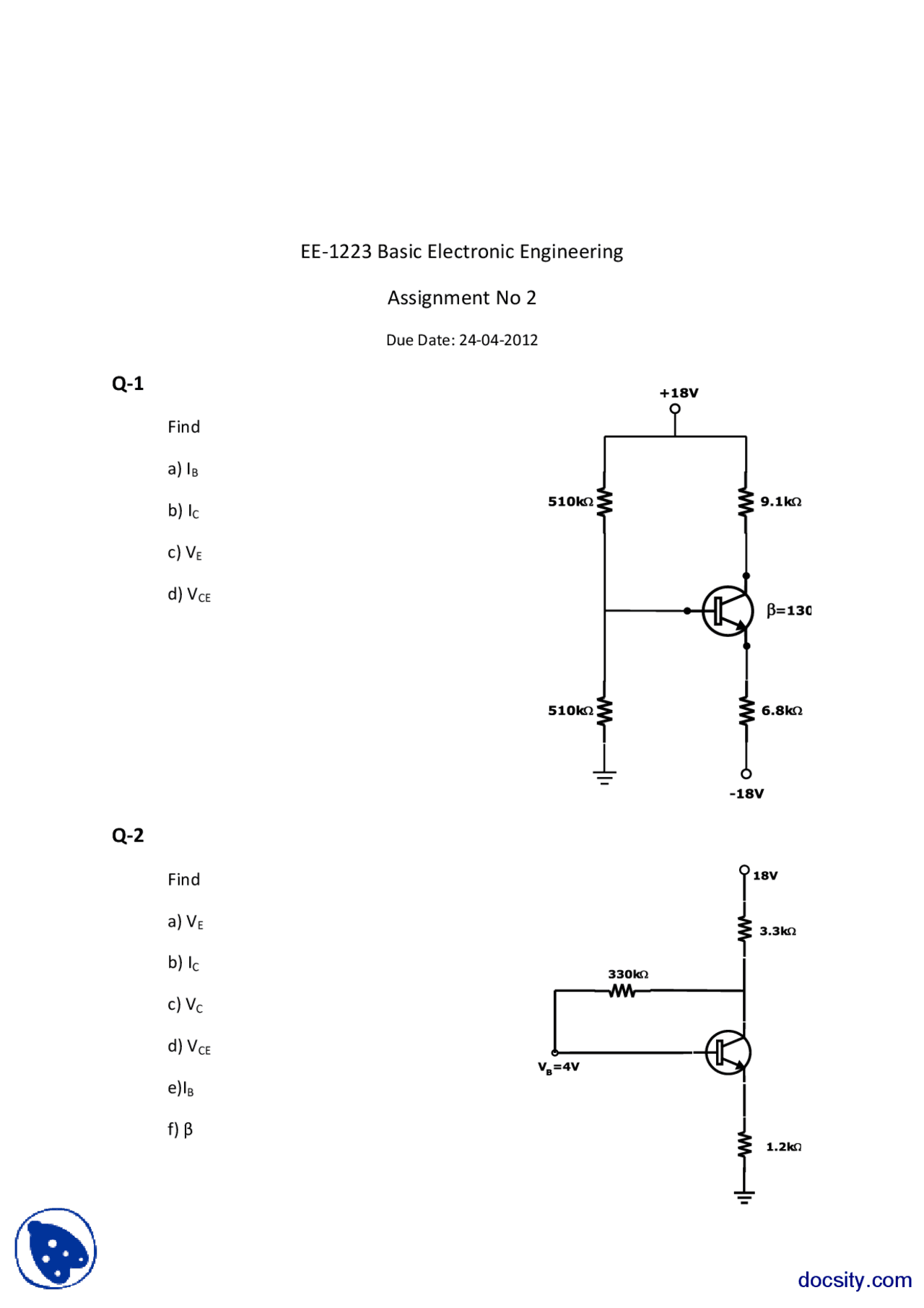 Transistors Biasing Basic Electronic Engineering Assignment Docsity