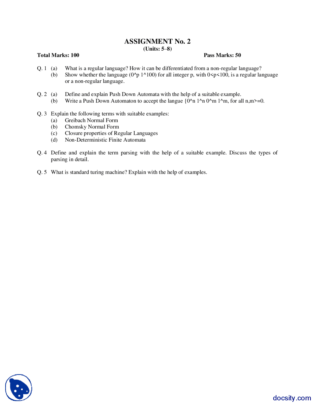 Chomsky Normal Form, Non Deterministic Finite Automata-Theory of Automata-Assignment - Docsity