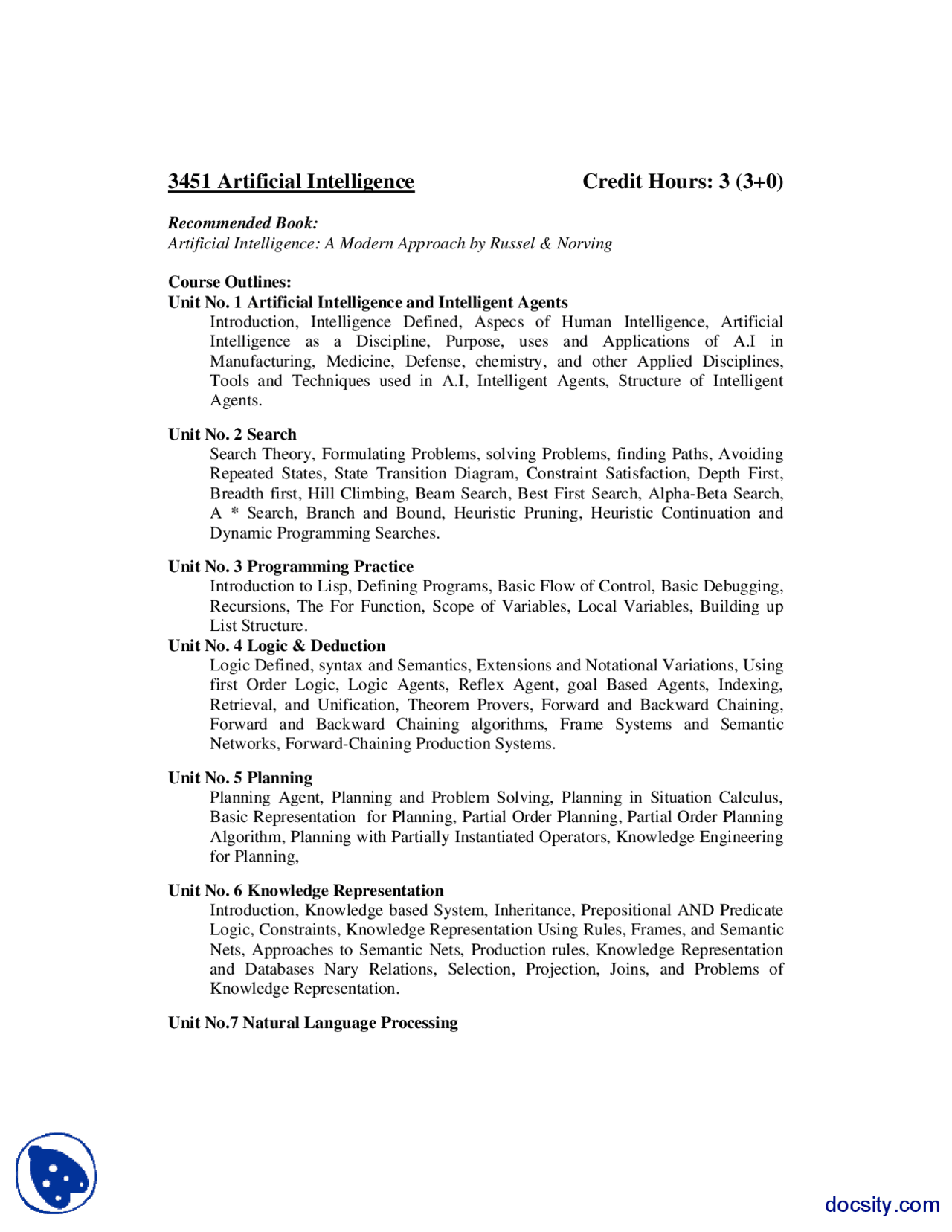 Course Outline-Artificial Intelligence-Handout | Exercises Artificial ...