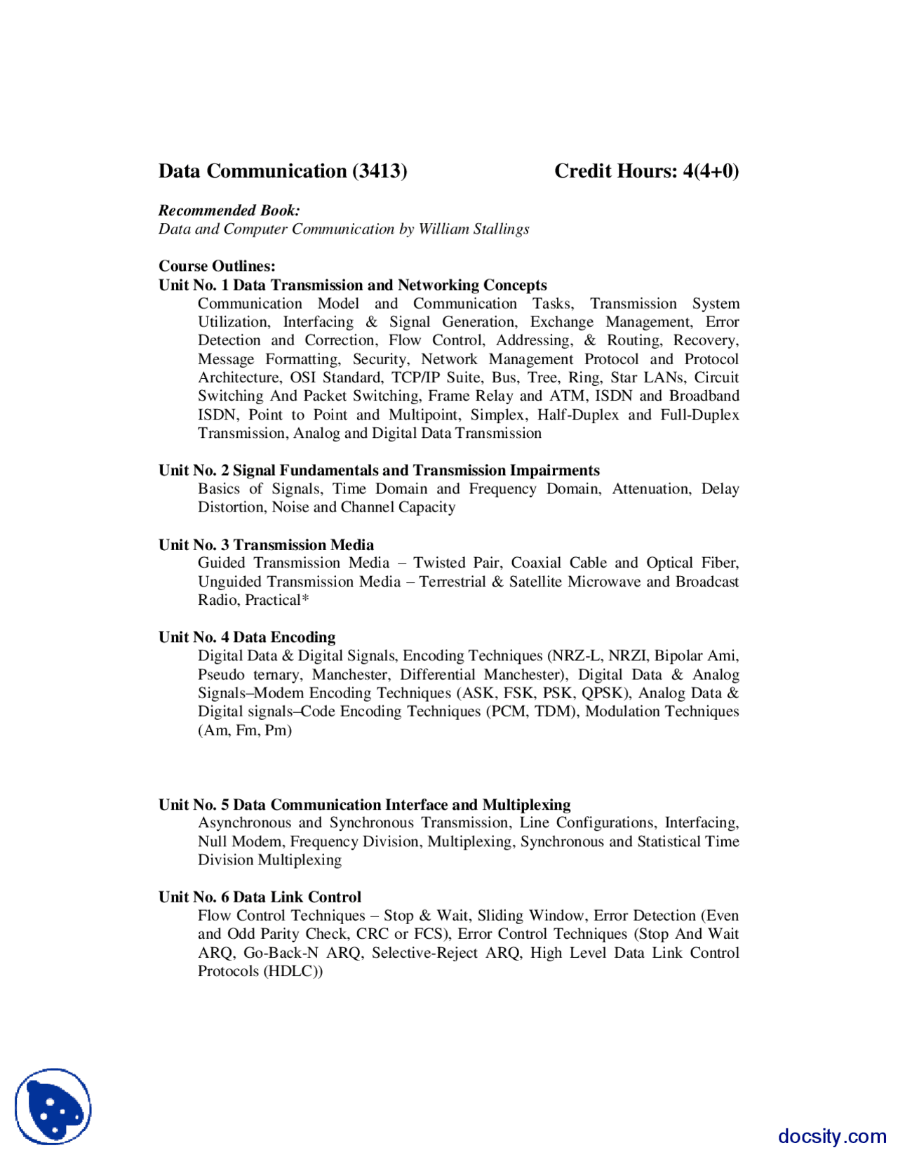 Data Comm Course Outline Transmission Media Encoding Interfaces And Lan Tech Exercises