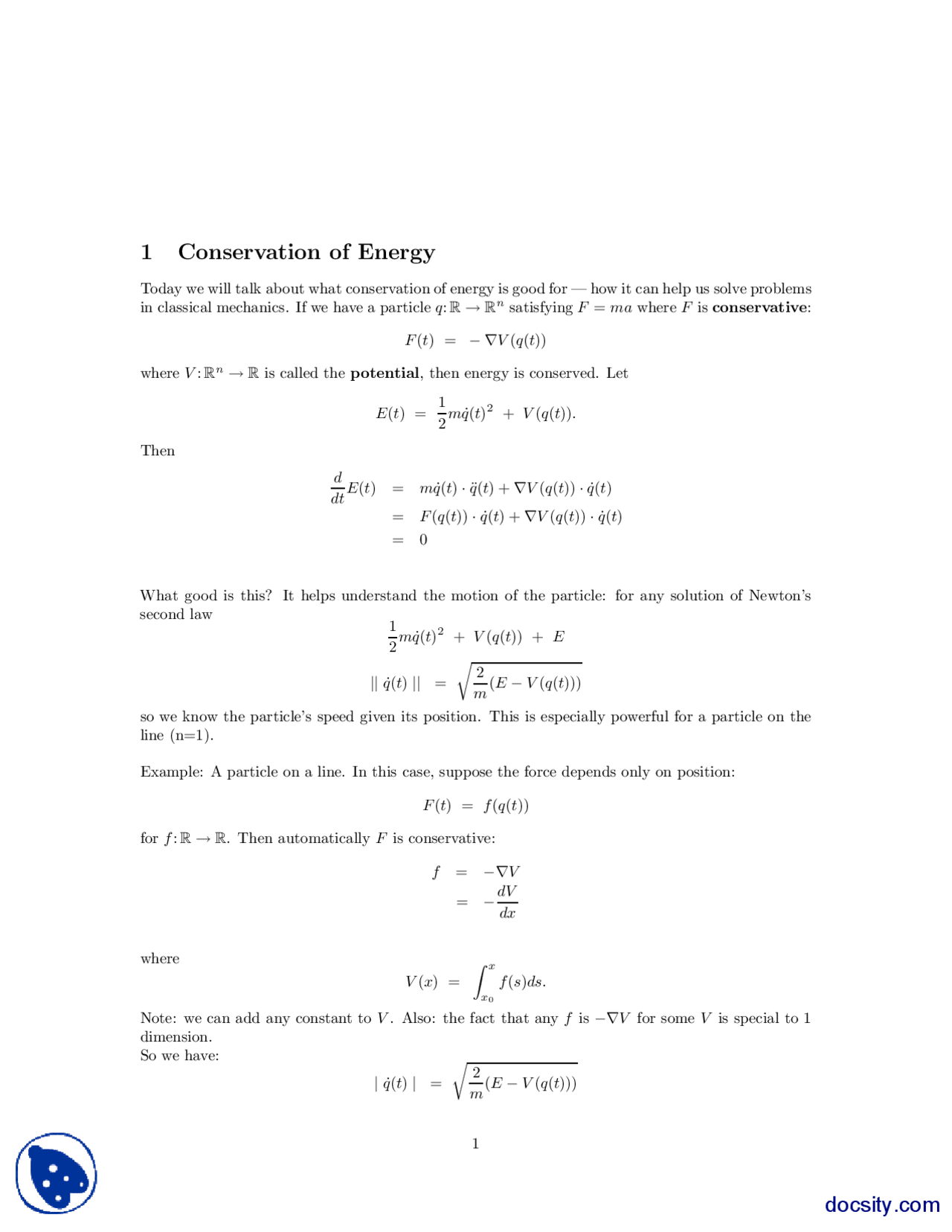 Conservation of Energy-Classical and Relativistic Mechanics-Lecture Handout - Docsity