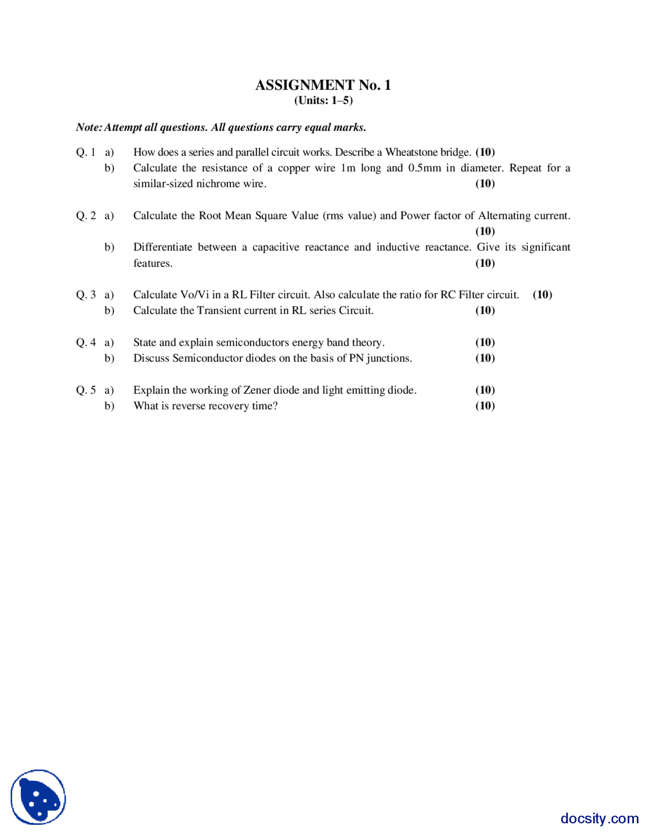 Capacitance Inductance Wheatstone Bridge Electronics Assignment Docsity