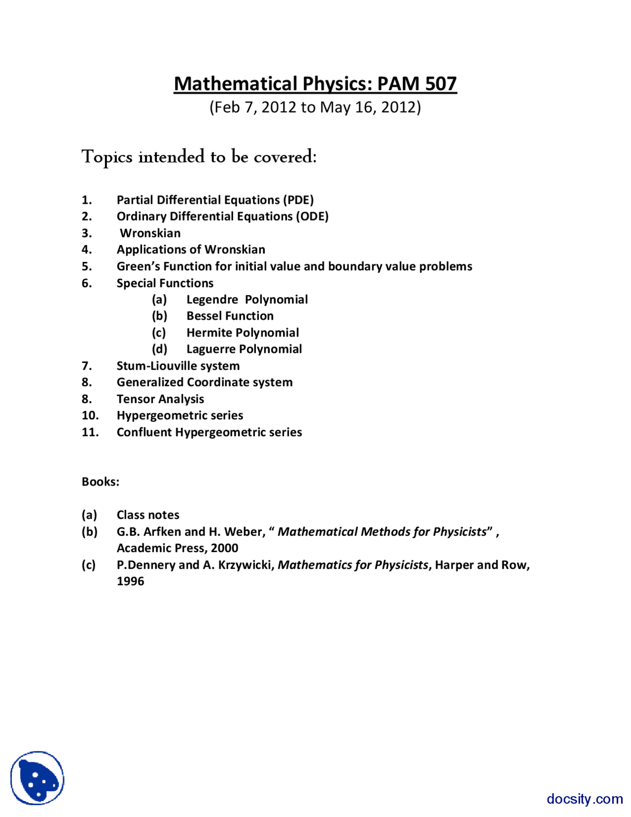 Mathematical Physics-Quantum Physics-Course Outline - Docsity