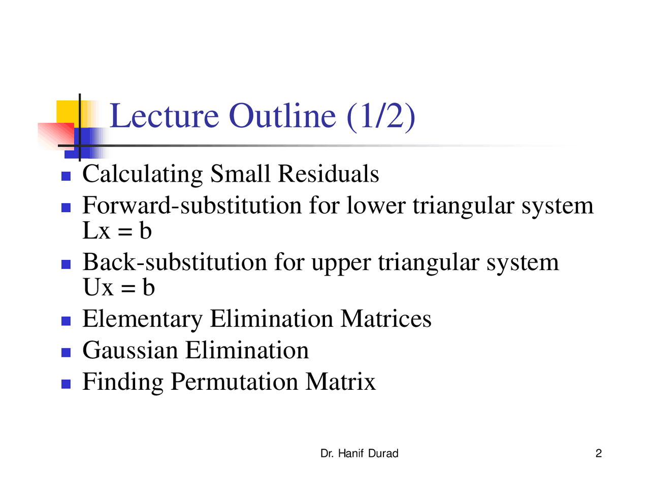 Systems Of Linear Equations On Matlab Machine Learning Lecture Handout