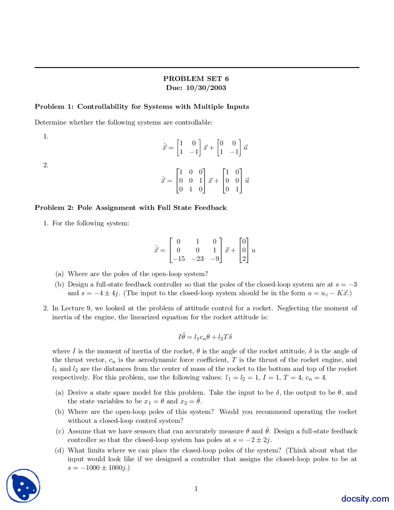 Controllability For Systems With Multiple Inputs Principle Of