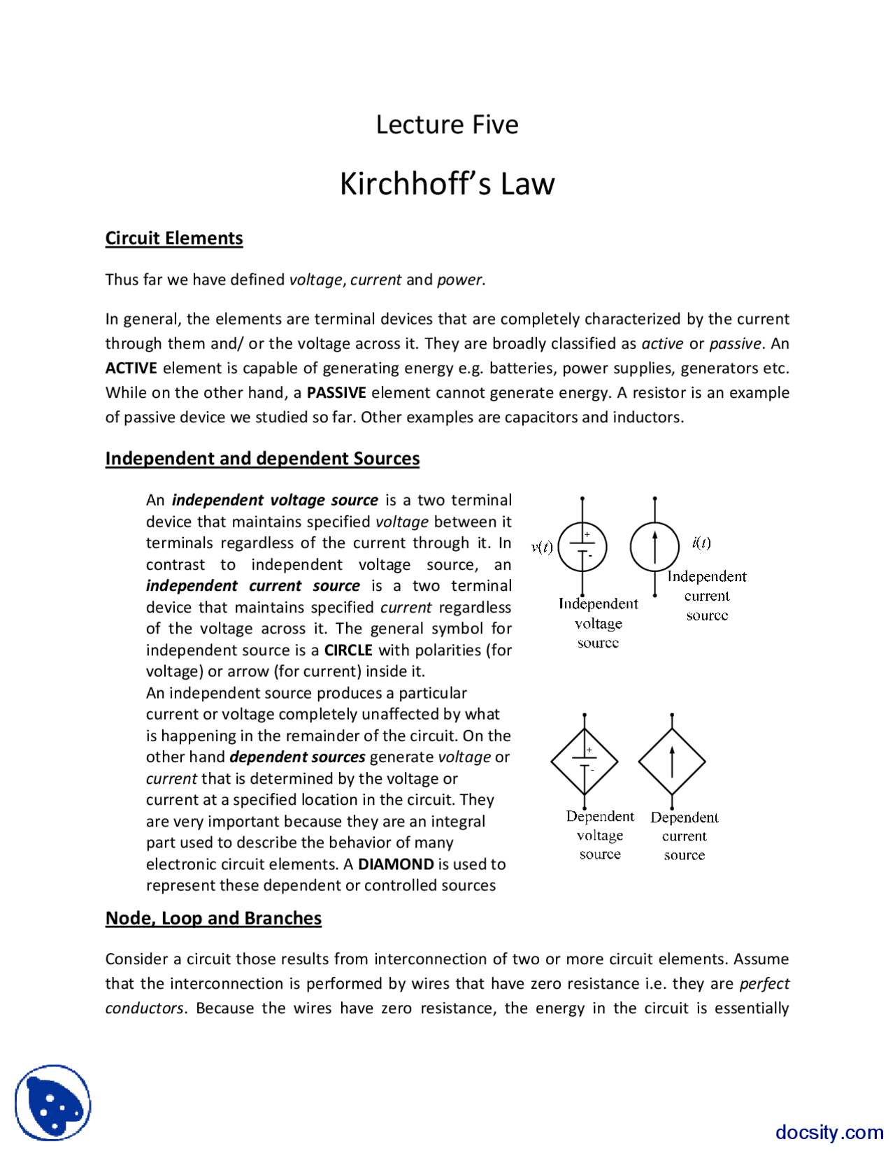 Kirchhoffs Law Fundementals Of Electronics Lecture Slides Docsity
