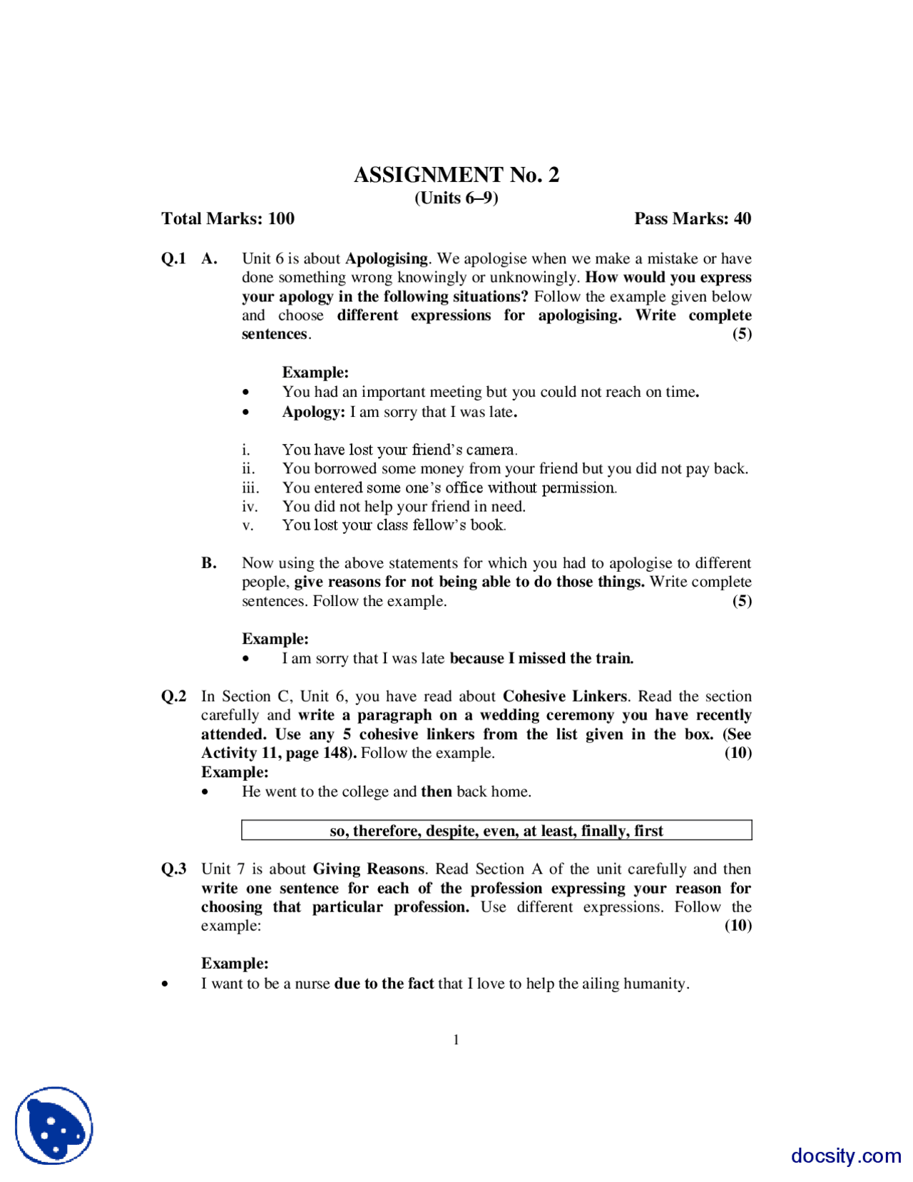 Apologising-English Language-Assignment - Docsity