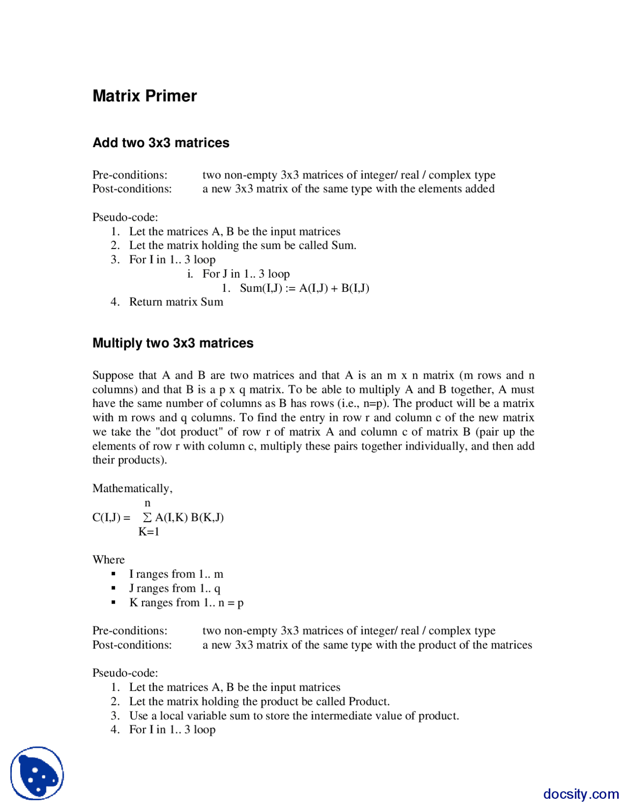 Matrix Primer Programming For Aeronautical Engineering And Sciences Lecture Slides Docsity