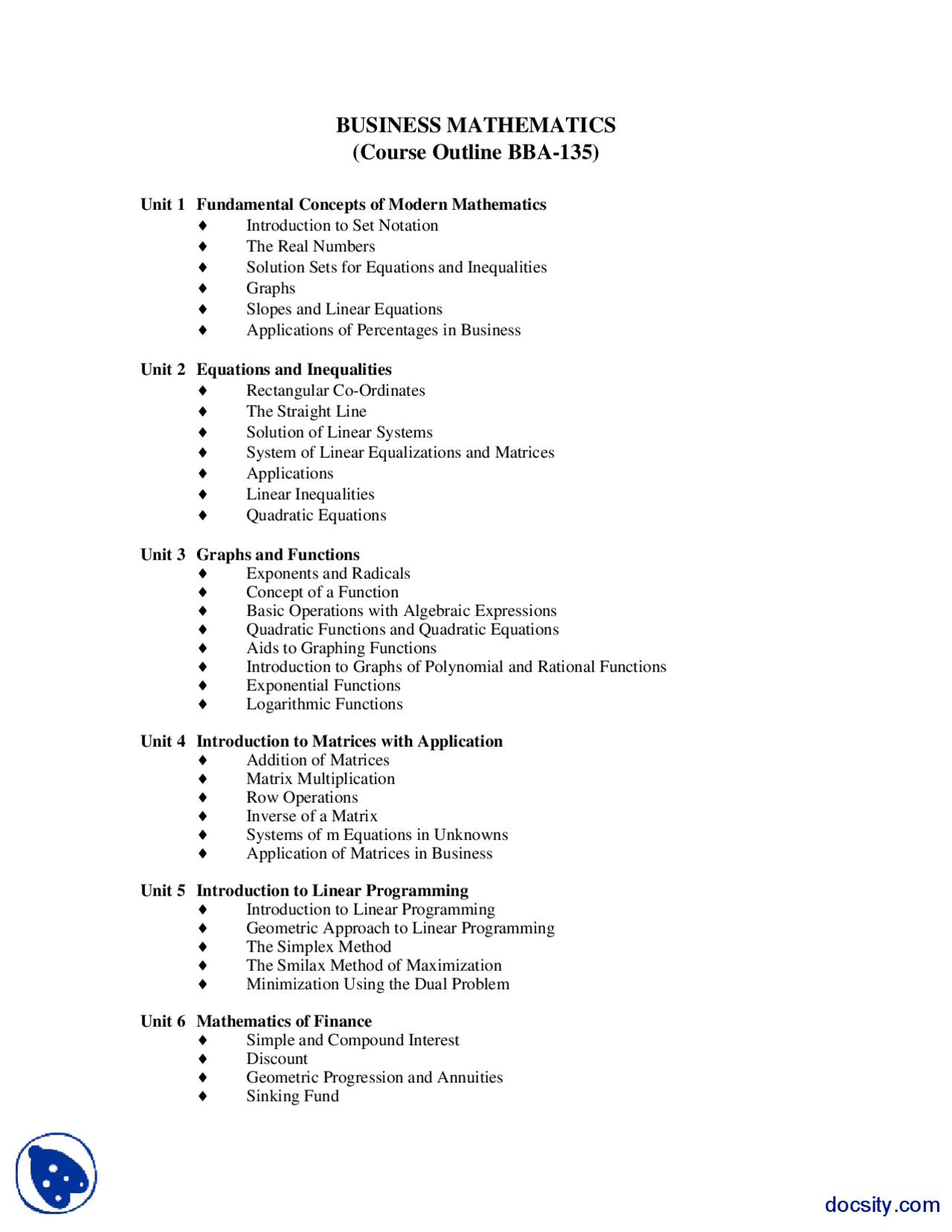 Course Outline-Business Mathematics-Handout | Exercises Business ...