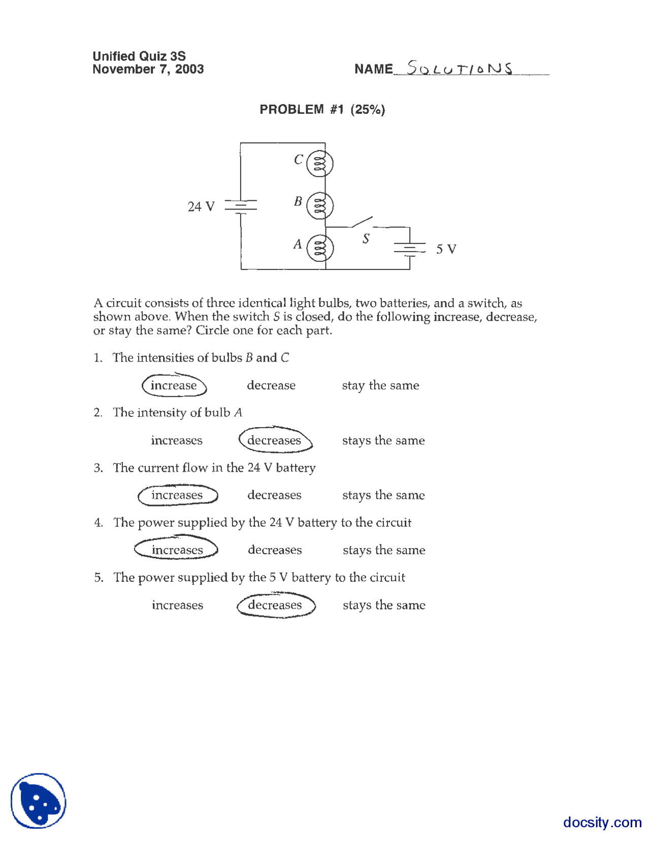 Electrical Circuits-2003-Aeronautical Engineering And Sciences-Quiz Solution - Docsity