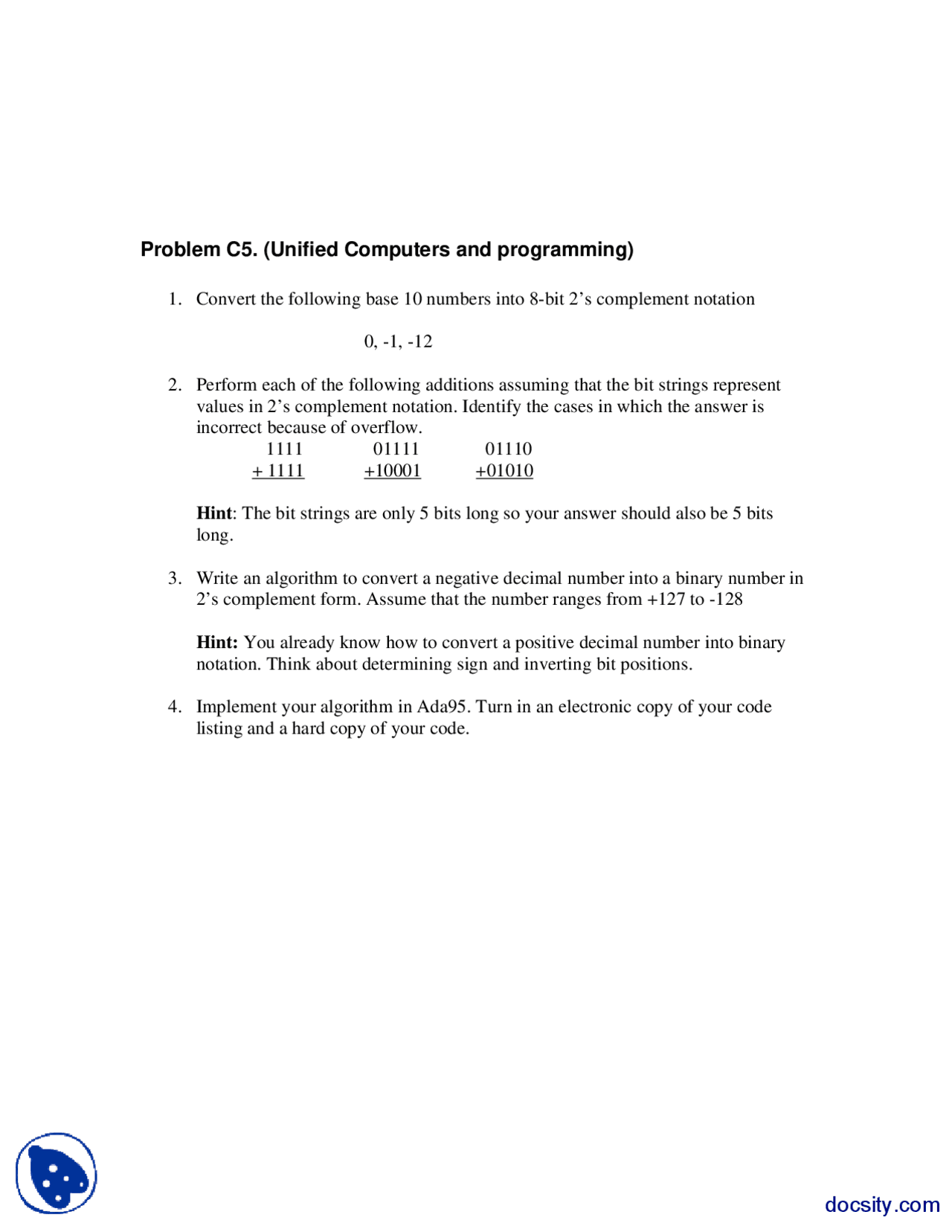 Using The 2s Complement Aeronautical Engineering And Computer Programming Assignment Docsity
