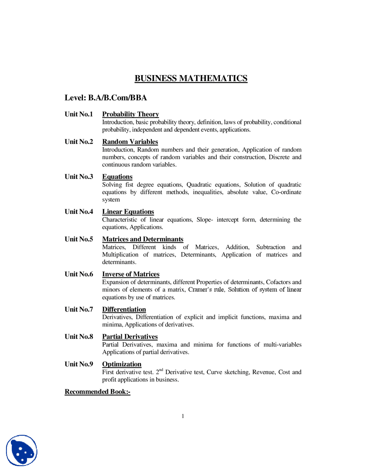 Course Overview Business Mathematics Handout Docsity