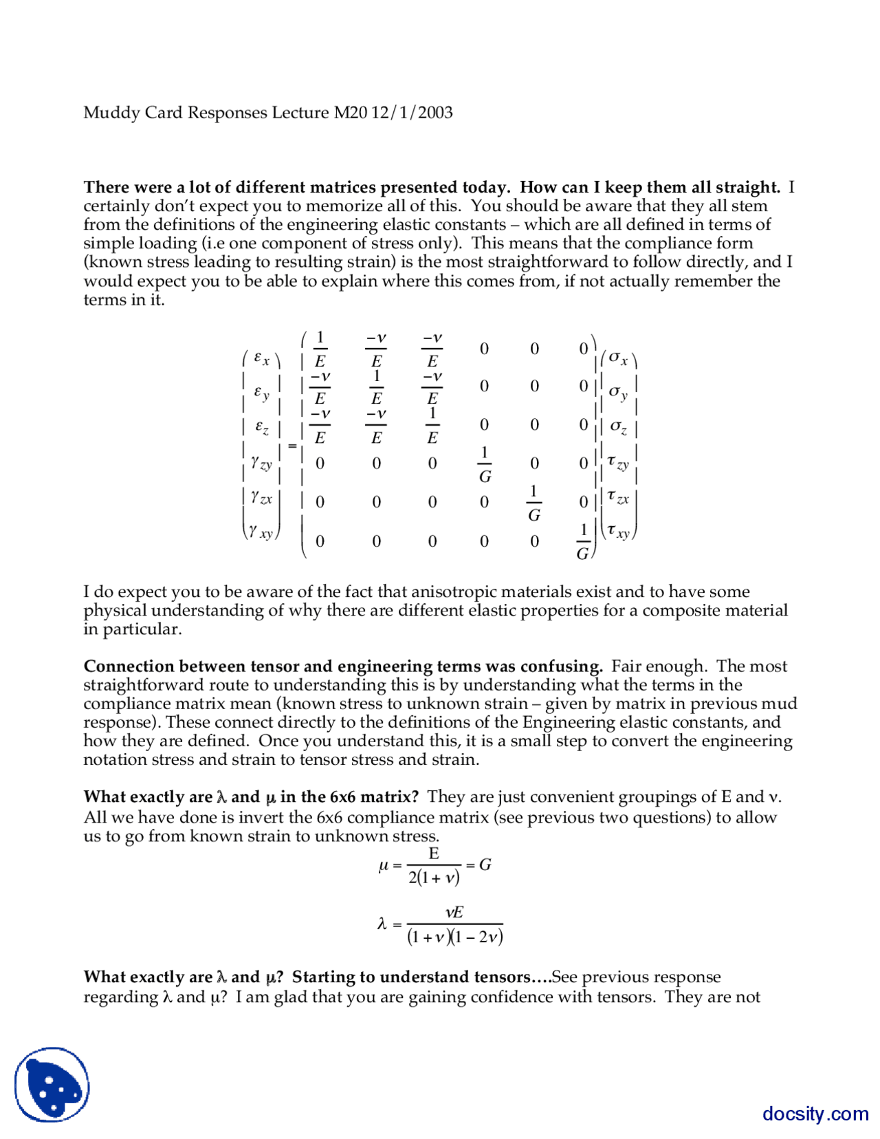 Responses Of Muddy Card Part 16 Material Structures Lecture Handout