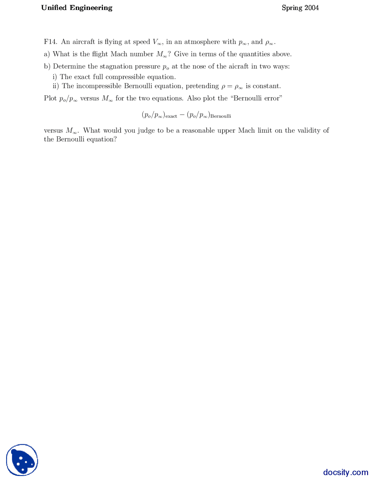 F14 Stagnation Pressure-Aeronatical Engineering And Fluid Mechanics-Assignment - Docsity