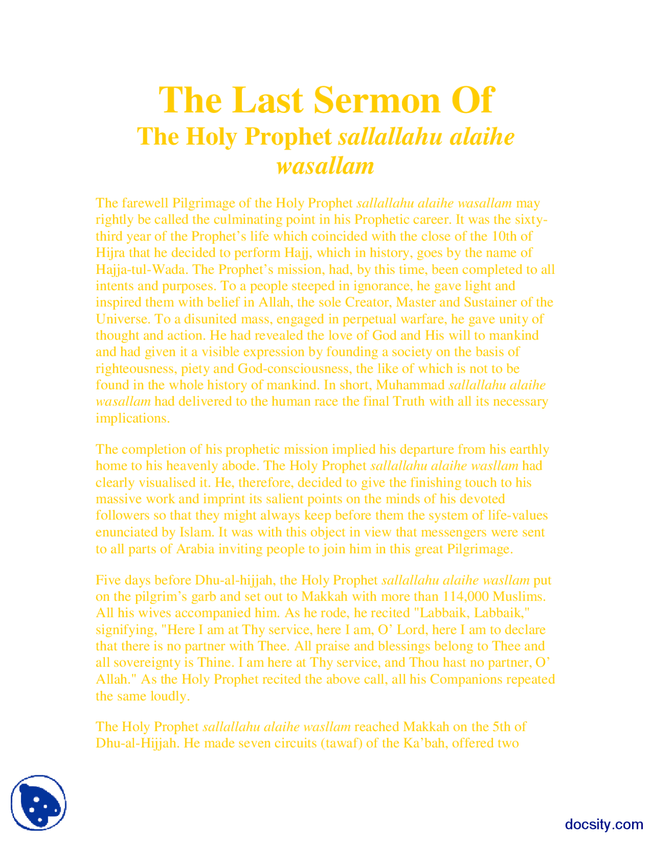 The Last Sermon Of Holy Prophet-Ethics-Handout - Docsity