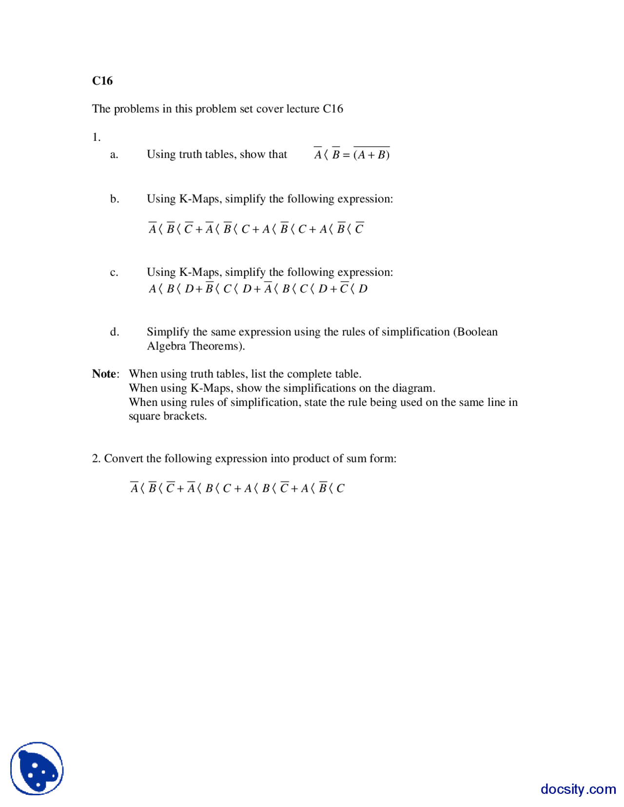 K Maps And Truth Tables Computer Programming Assignment Docsity