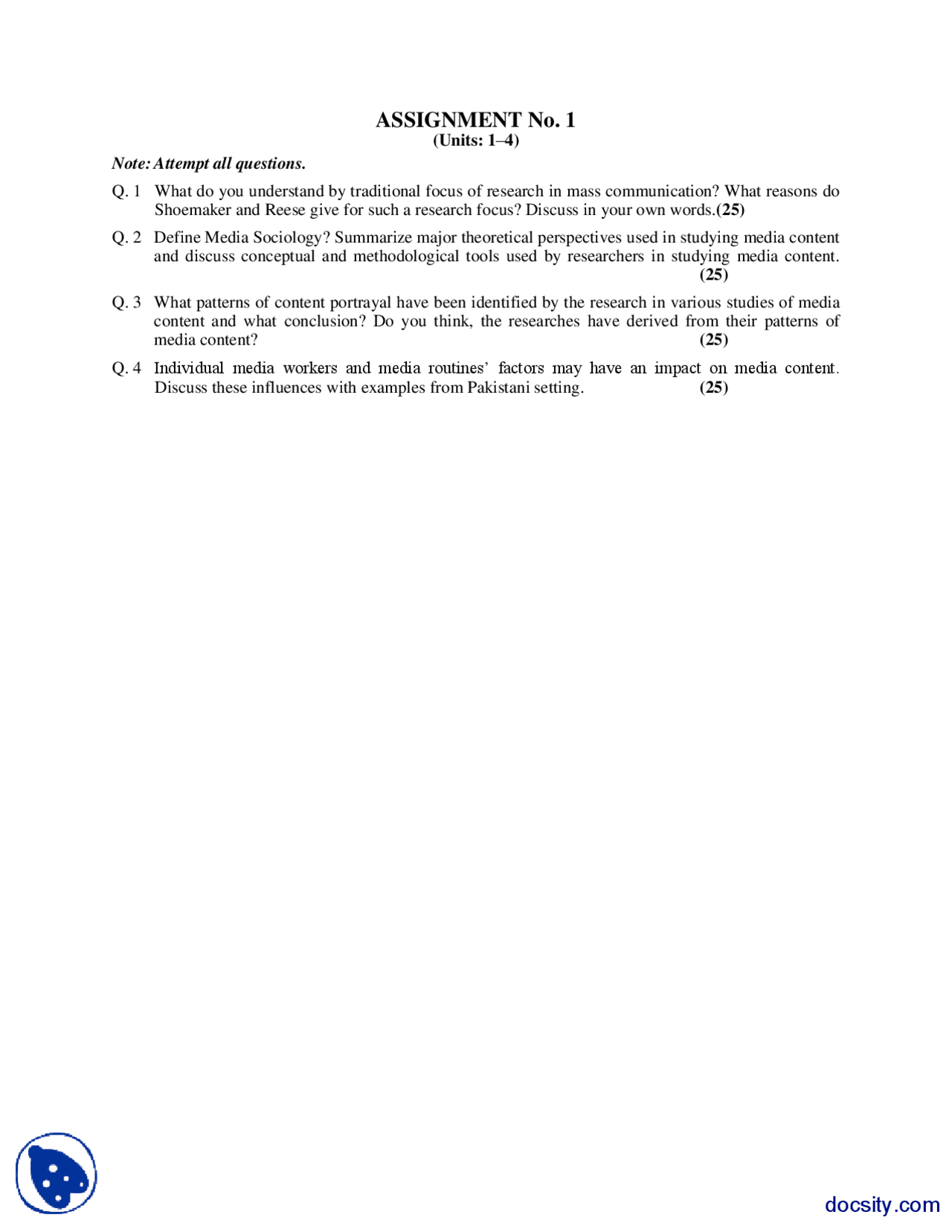 Patterns of Content Portrayal-Mass Communication-Assignment | Exercises Mass Communication | Docsity