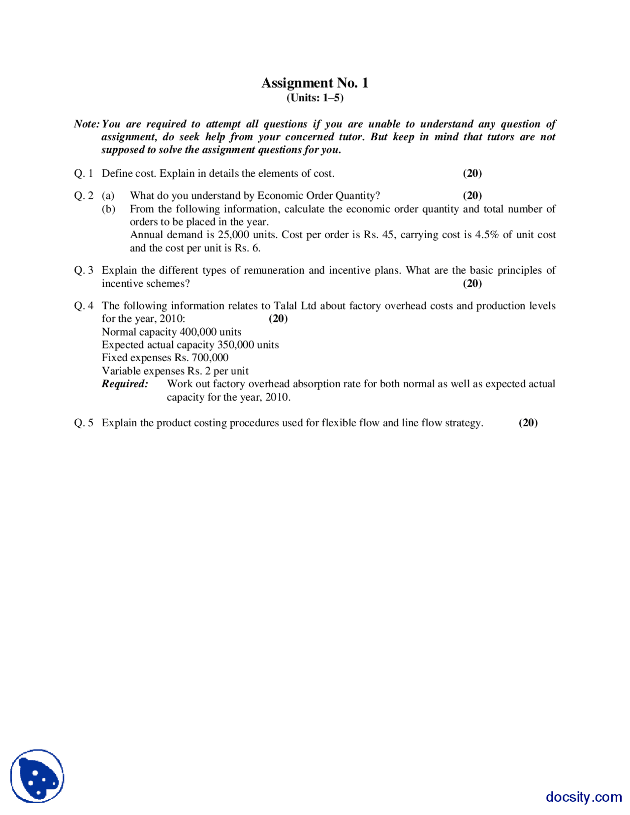 Economic Order Quantity Costs Cost Accounting Assignment Docsity