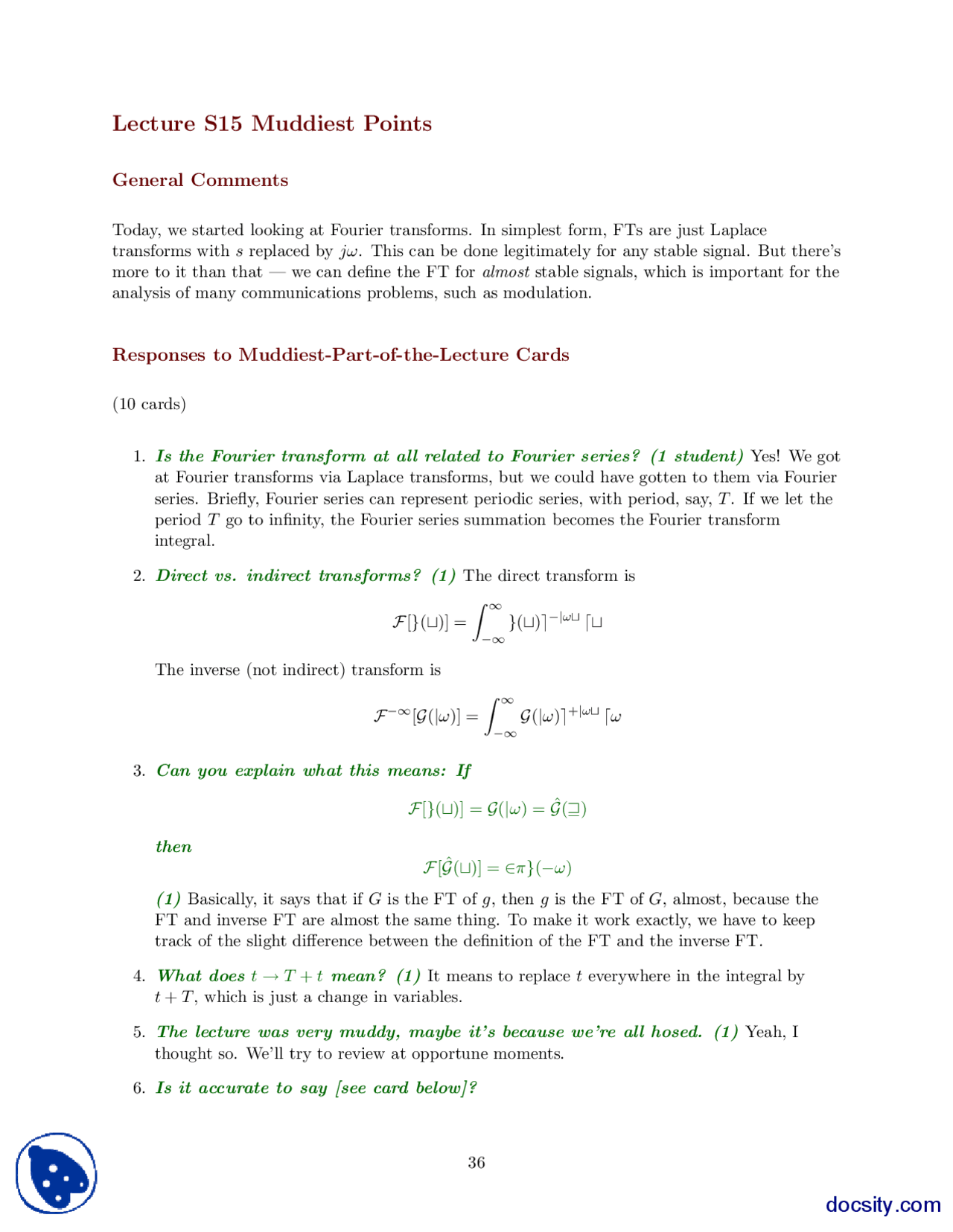 Muddiest Points Part 32 Signal And Systems Lecture Handout Docsity