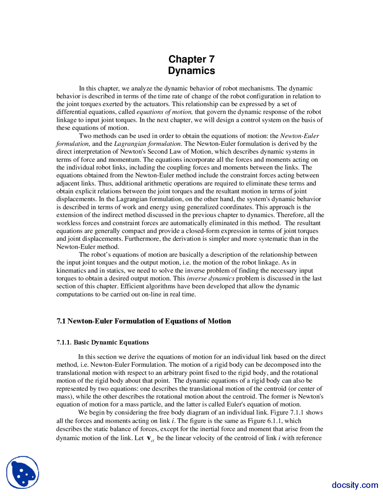Dynamics Introduction To Robotics Lecture Handouts Docsity
