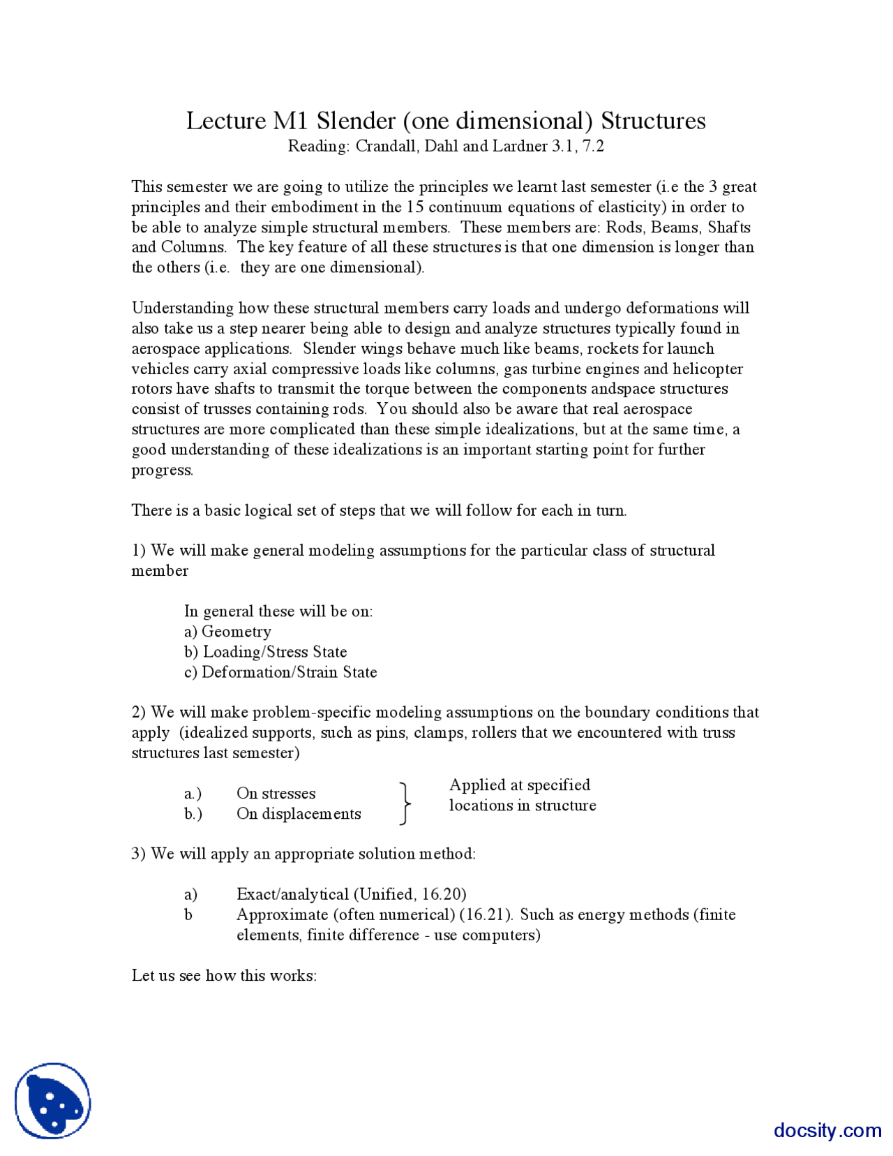 Slender One Dimensional Structures Material Structures Lecture