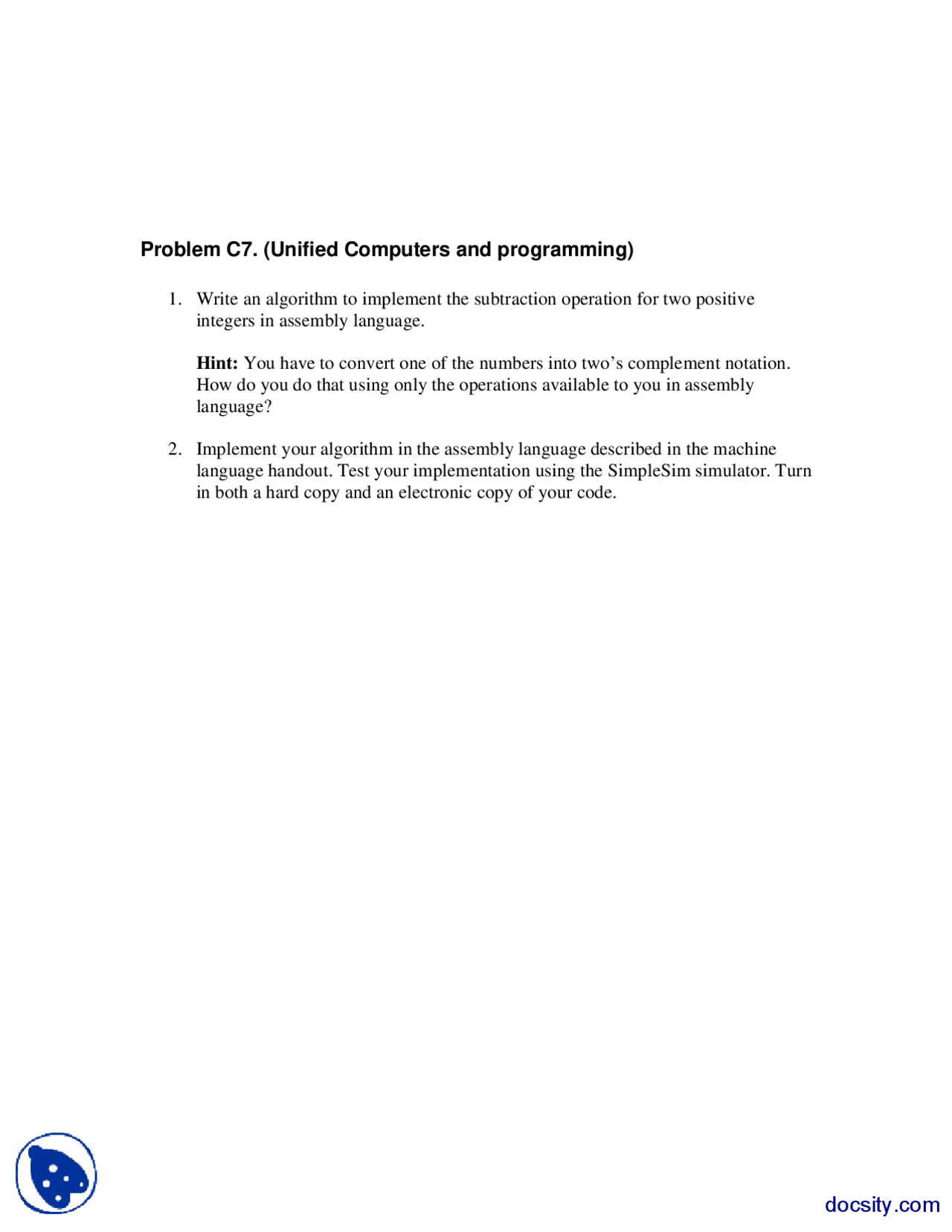 Algorithm To Implement The Subtraction Operation Computer Programming Assignment Docsity
