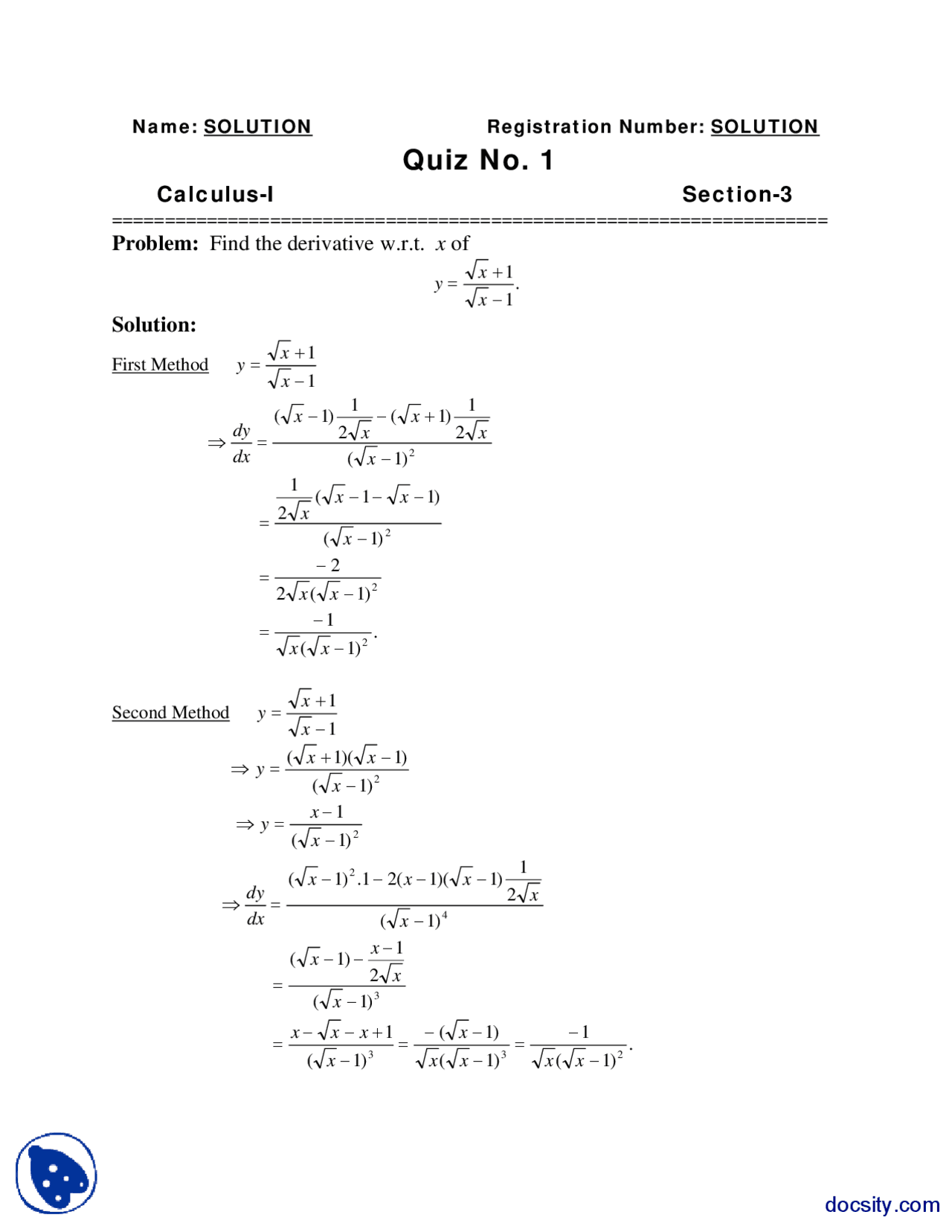 Derivatives 7 Calculus Quiz Solution Docsity