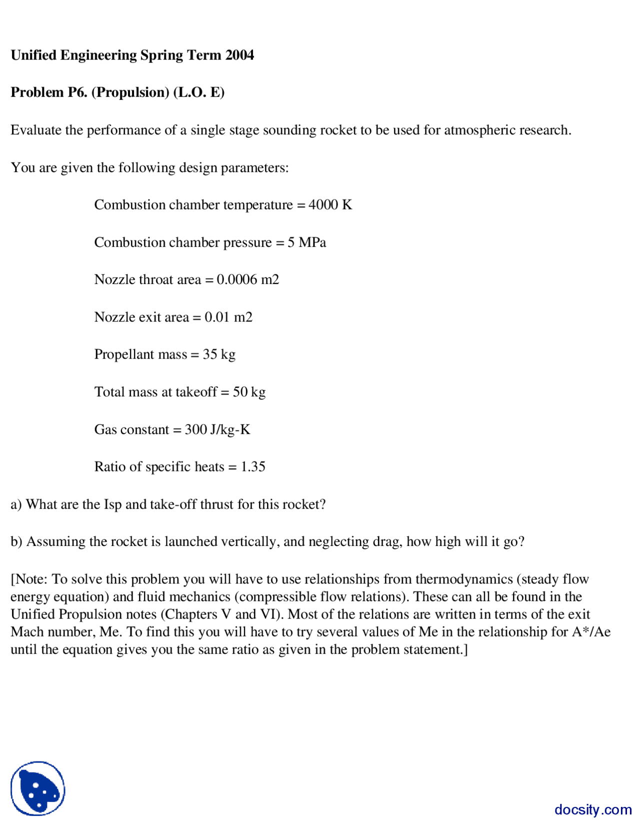 Propulsion Part 4 Thermodynamic Propulsion Assignment Docsity